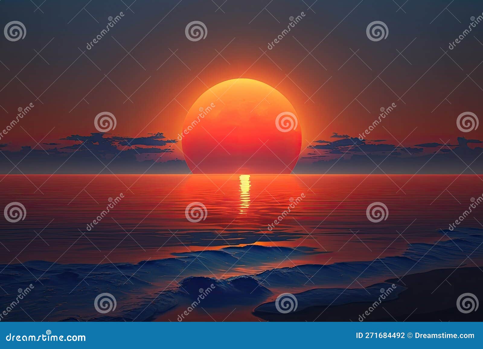 A Reddish Orange Sun Rises Over a Blue Ocean Stock Illustration ...