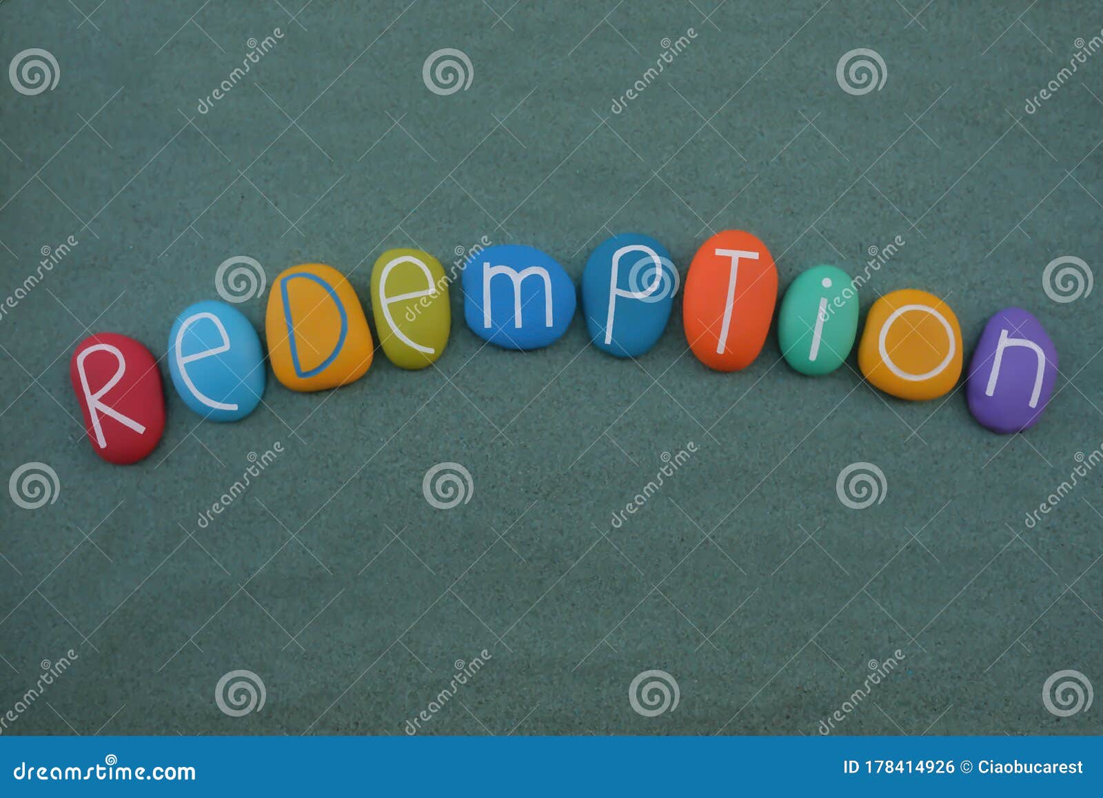 Redemption Word Composed with Multi Colored Stone Letters Over Green ...
