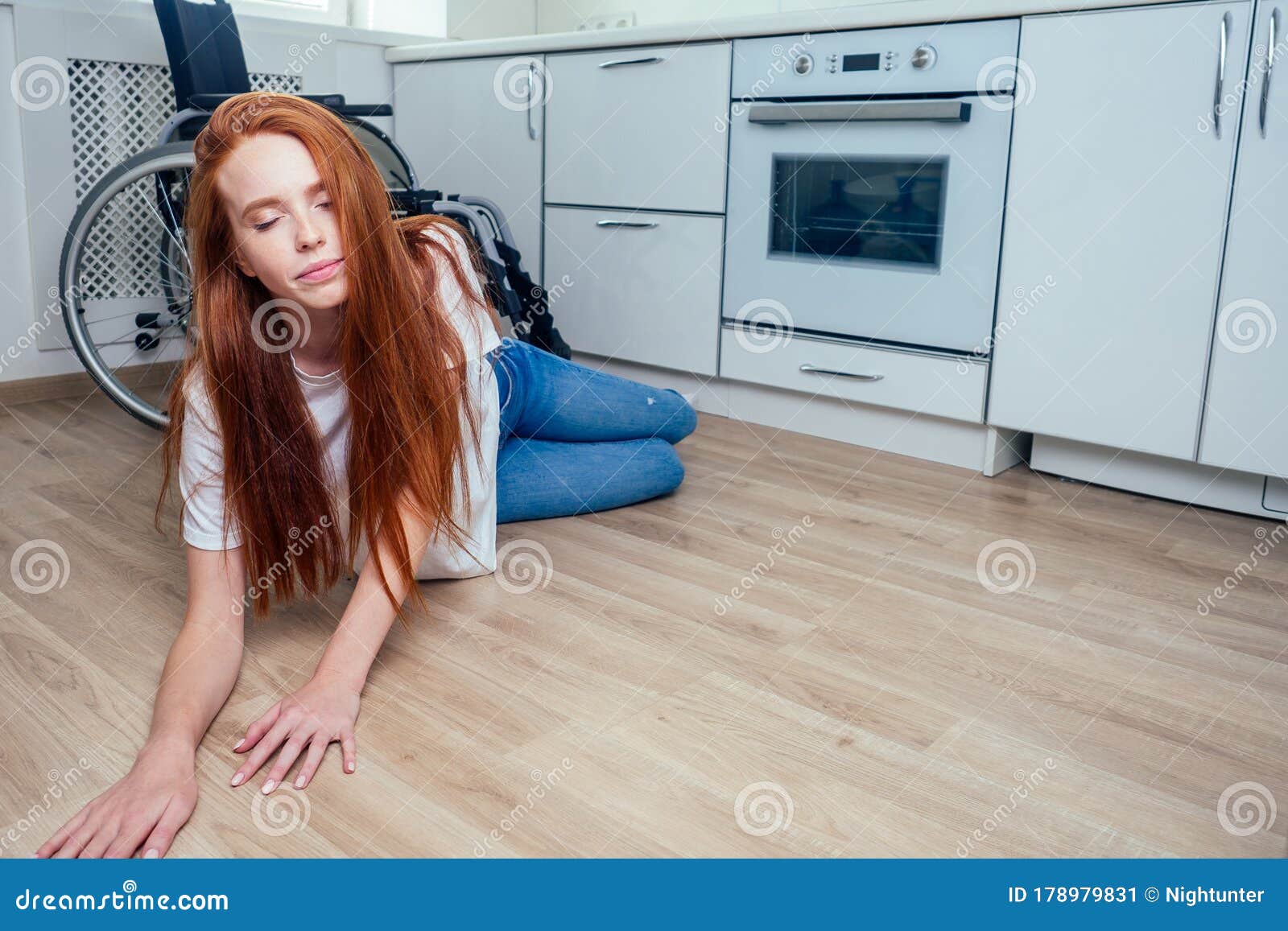 Redhaired Ginger Woman Falling Down and Crawling for Help in Kitchen ...