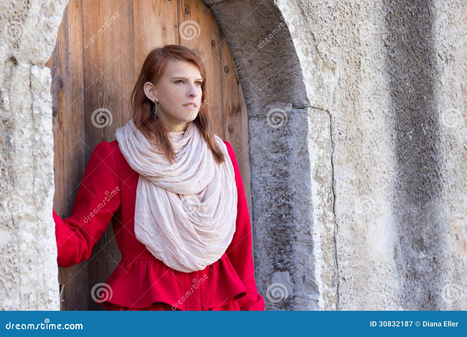 Redhaired Woman Posing In Front Of The Old Door Stock Image Image Of