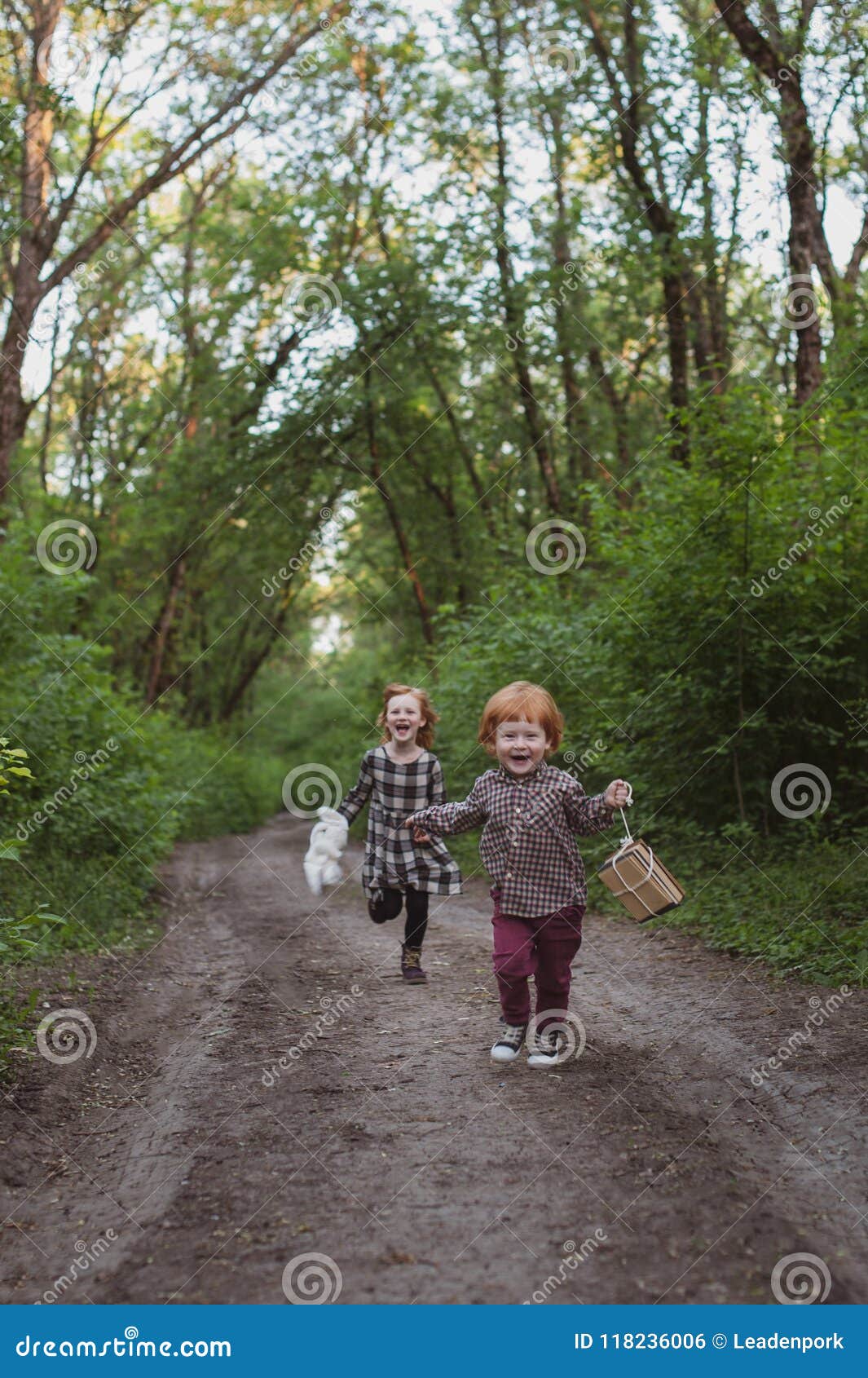 Children Run Along the Forest Road Stock Photo - Image of forest ...