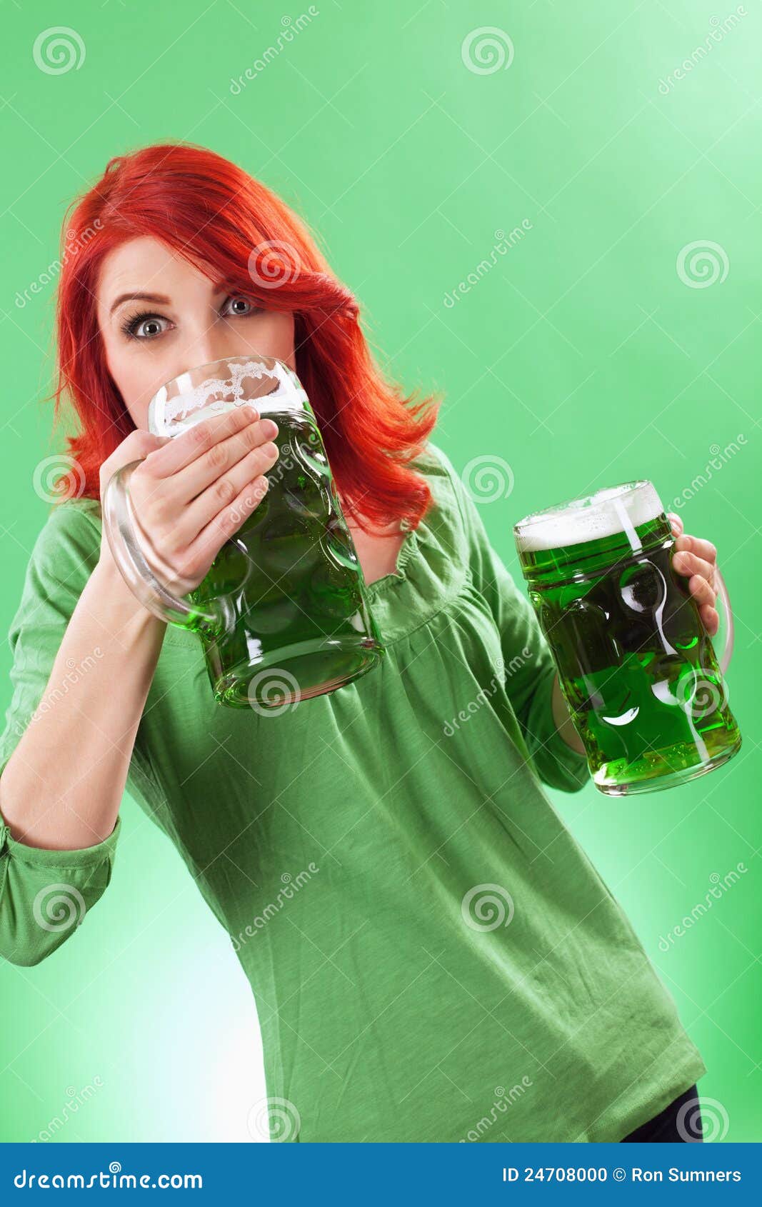 Redhead Enjoying Green Beer Stock Photo - Image of expression ...