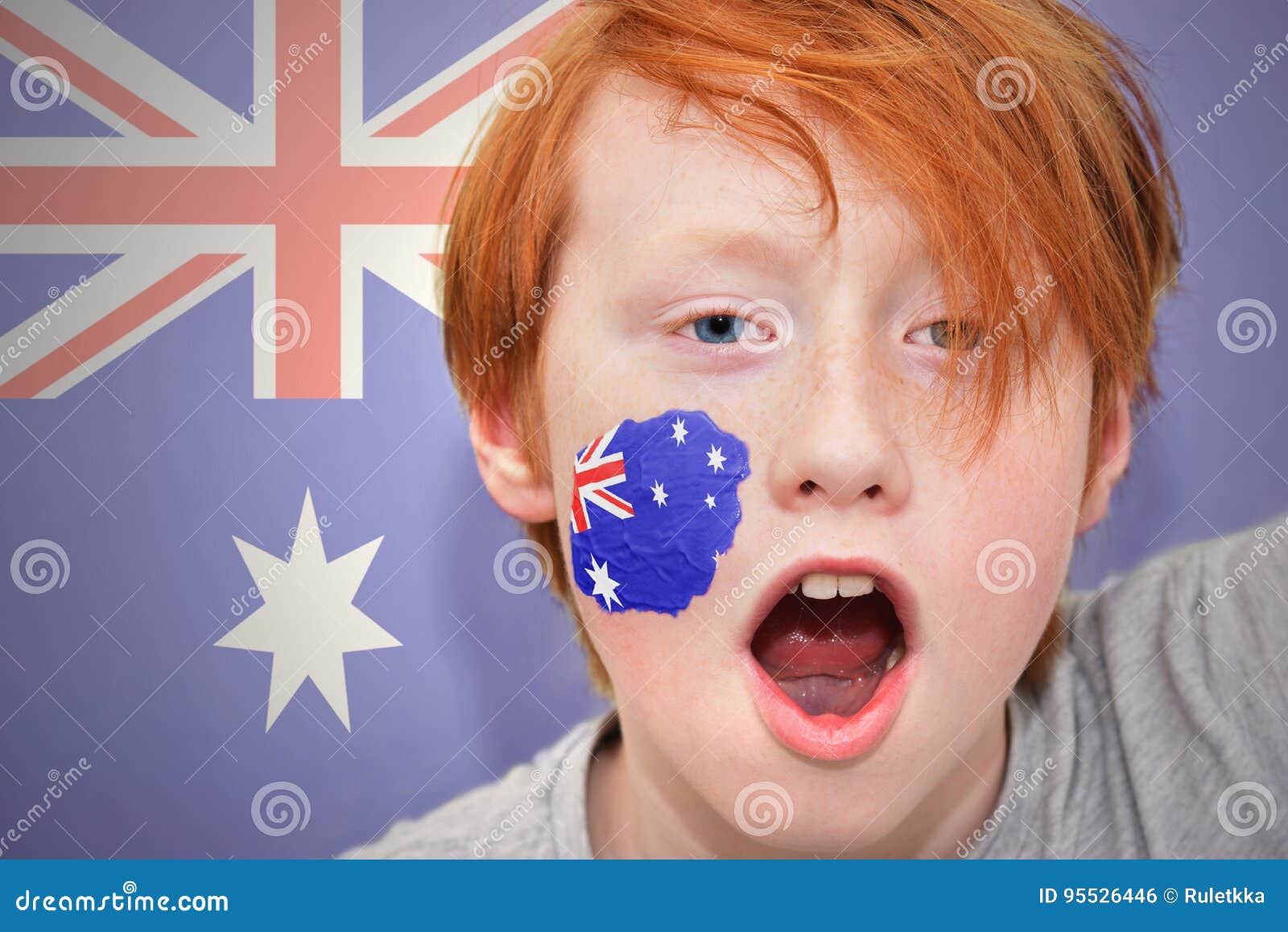 Redhead Fan Boy with Australian Flag Painted on His Face Stock Photo ...
