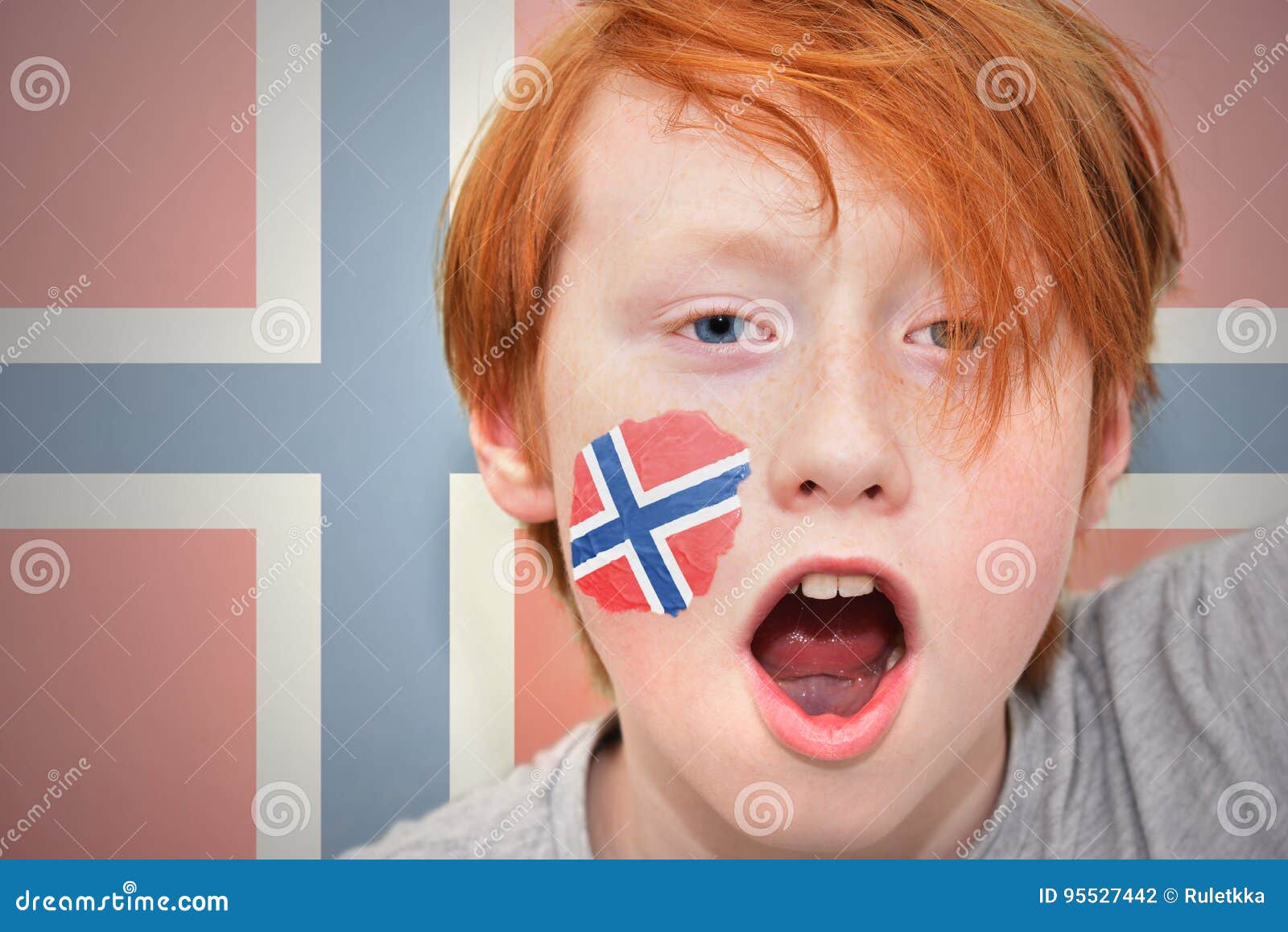 Redhead Fan Boy with Norwegian Flag Painted on His Face Stock Photo ...