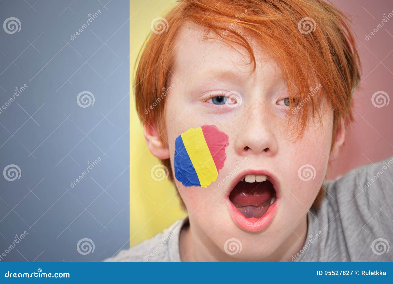 Redhead Fan Boy with Romanian Flag Painted on His Face Stock Image ...