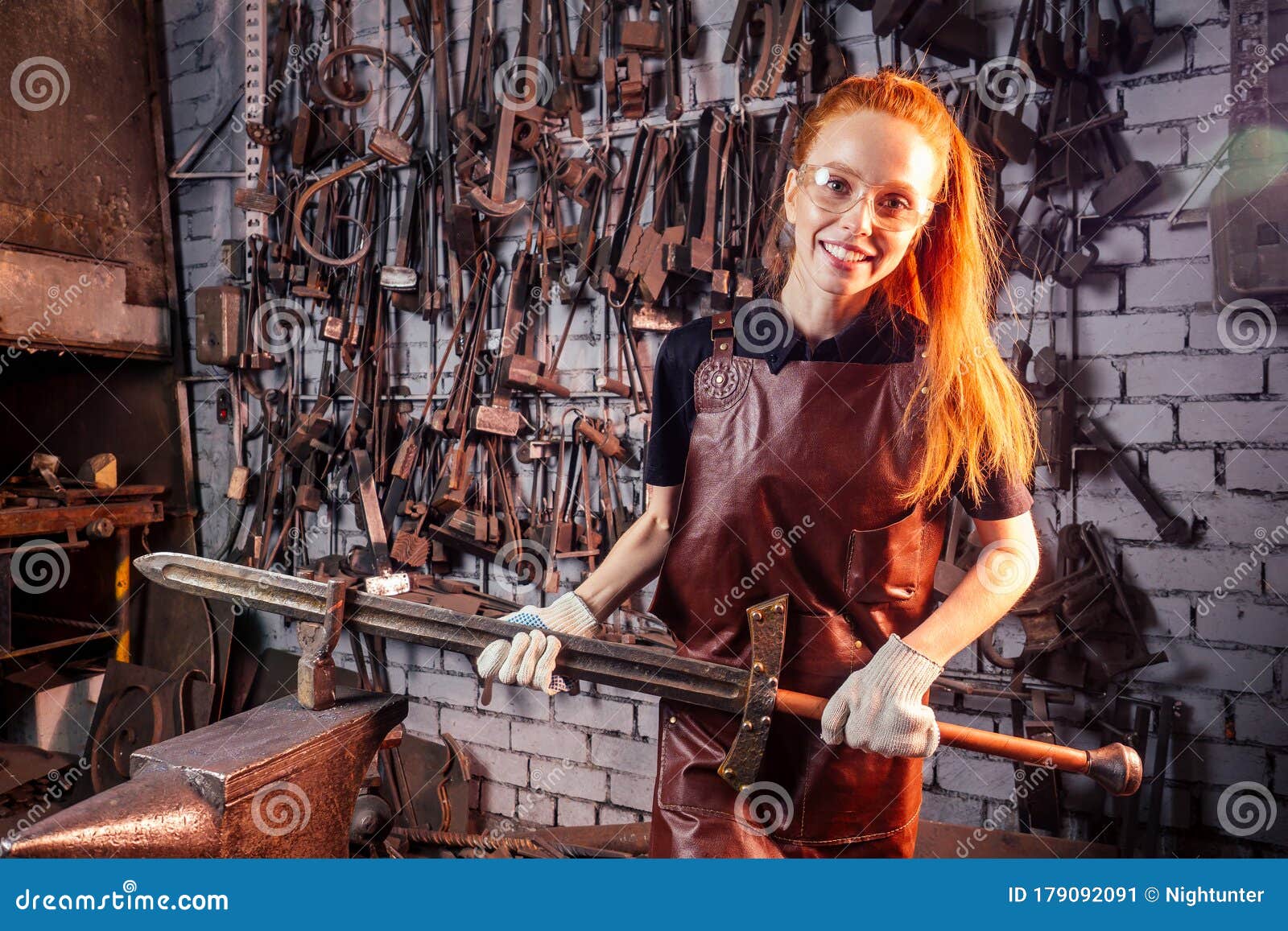 Redhead Ginger Woman Blacksmith Portrait in Workshop Stock Image ...