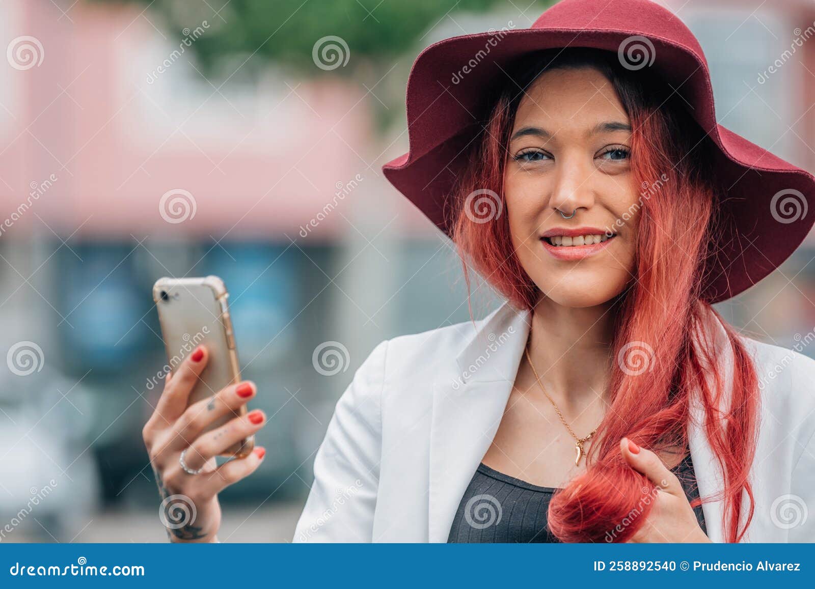 Girl with Hat and Mobile or Cell Phone Stock Photo - Image of happy ...