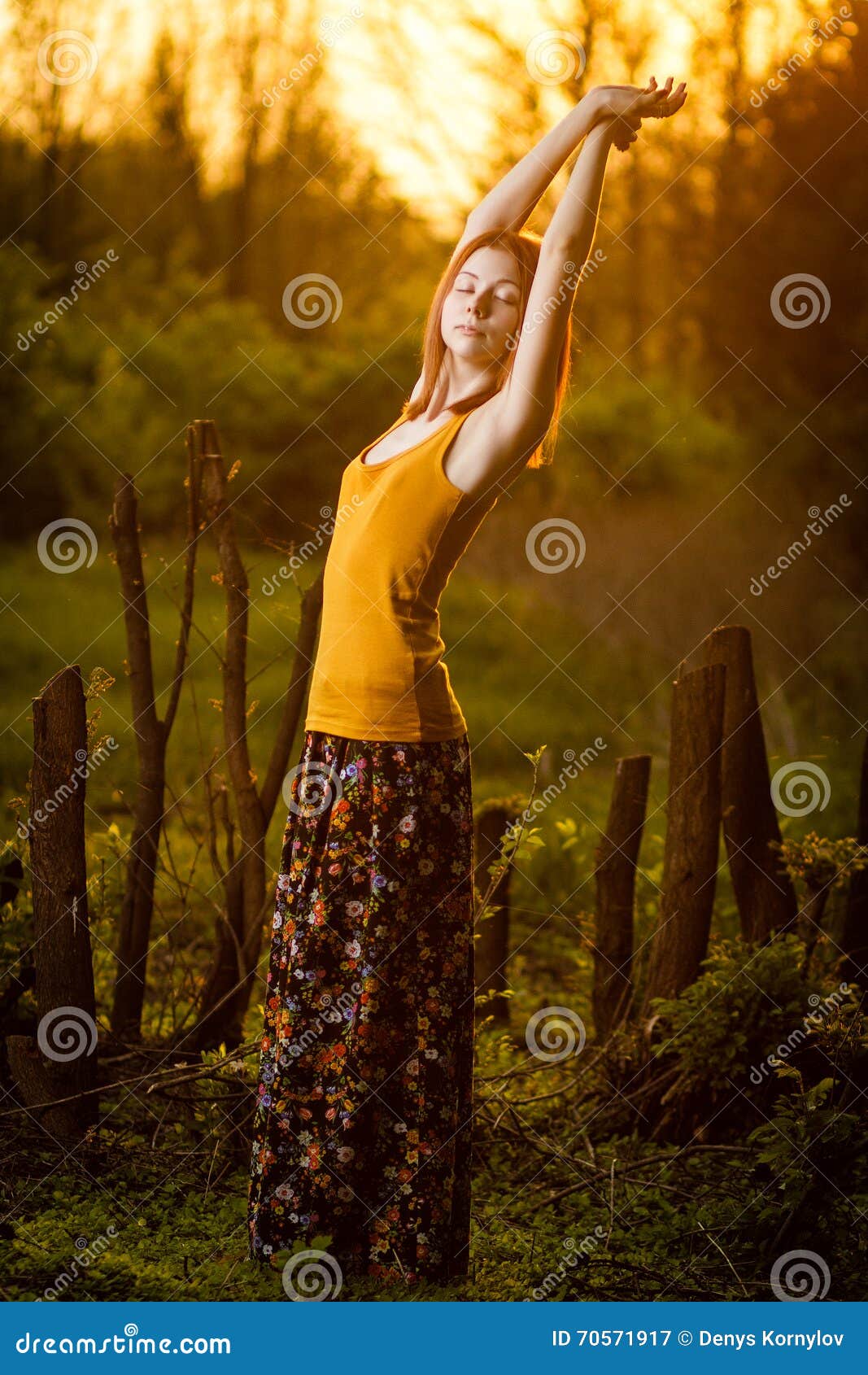 Redhead Girl Walking Under Sunset Rays in Forest Stock Image - Image of ...