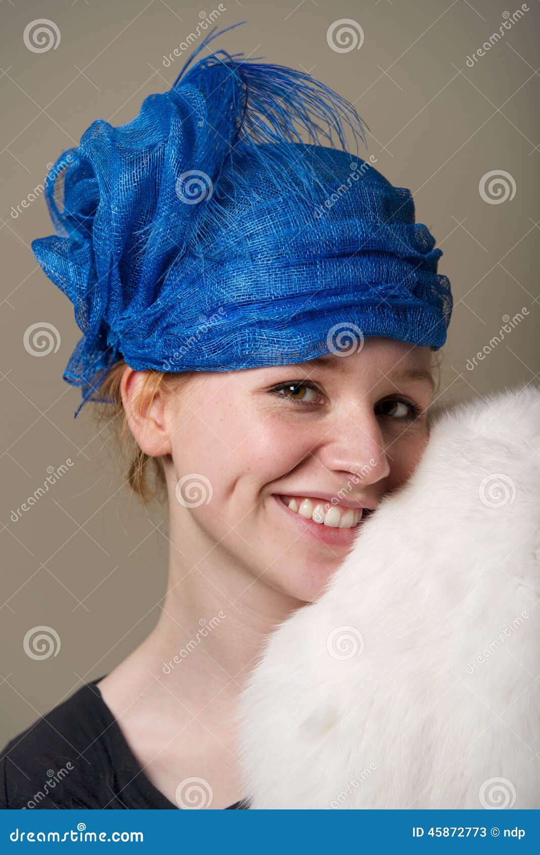 Redhead in Hat Resting Cheek on Fur Stock Image - Image of woman, blue ...