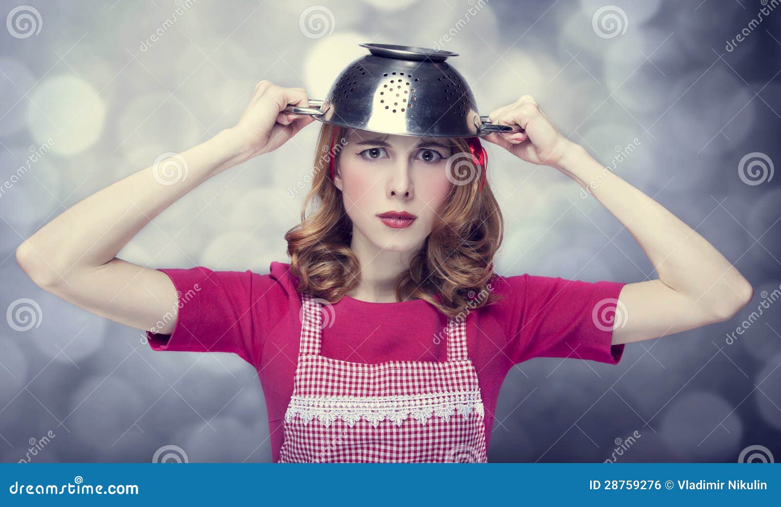 Redhead Housewife with Colander Over Head Stock Photo - Image of girl ...