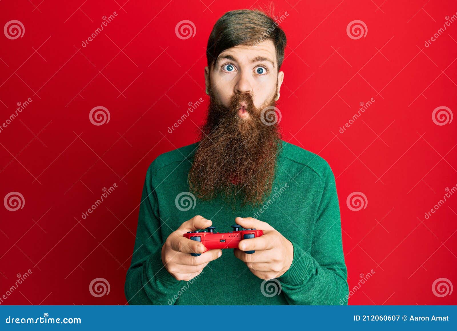 Redhead Man with Long Beard Playing Video Game Holding Controller ...