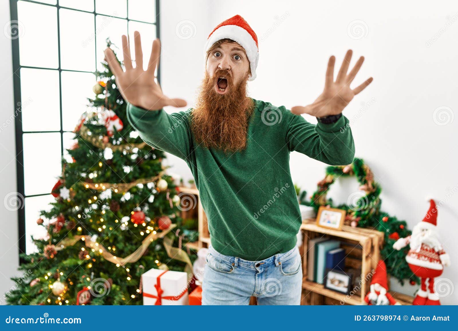 Redhead Man with Long Beard Wearing Christmas Hat by Christmas Tree ...