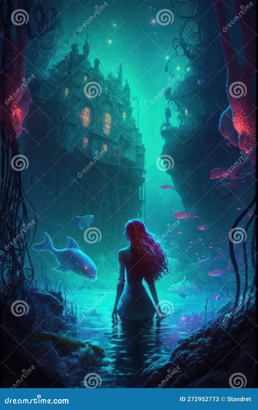 Redhead Mermaid is Under the Water. Beautiful Creative Art Stock ...