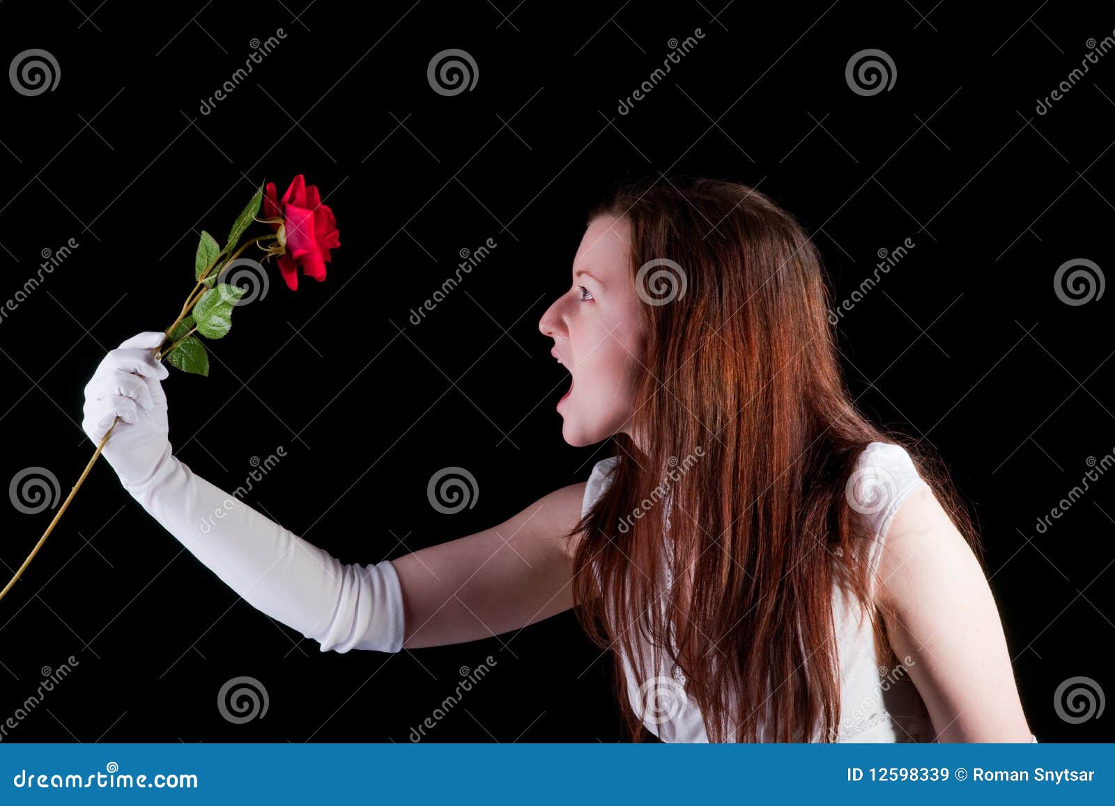 Redhead screaming at rose stock image. Image of angry - 12598339