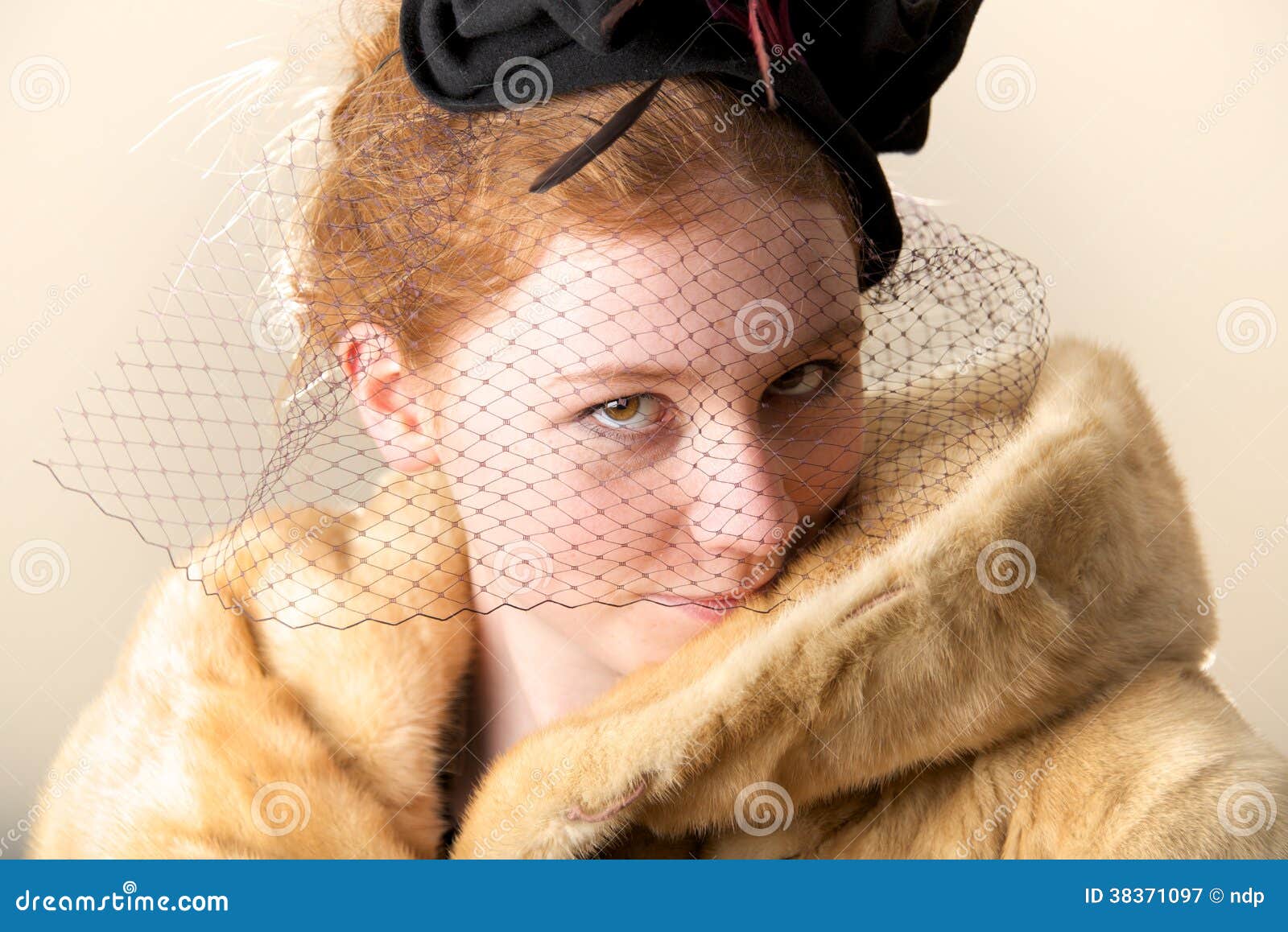 Redhead Smiling Shyly in Black Veiled Hat and Fur Coat Stock Image ...