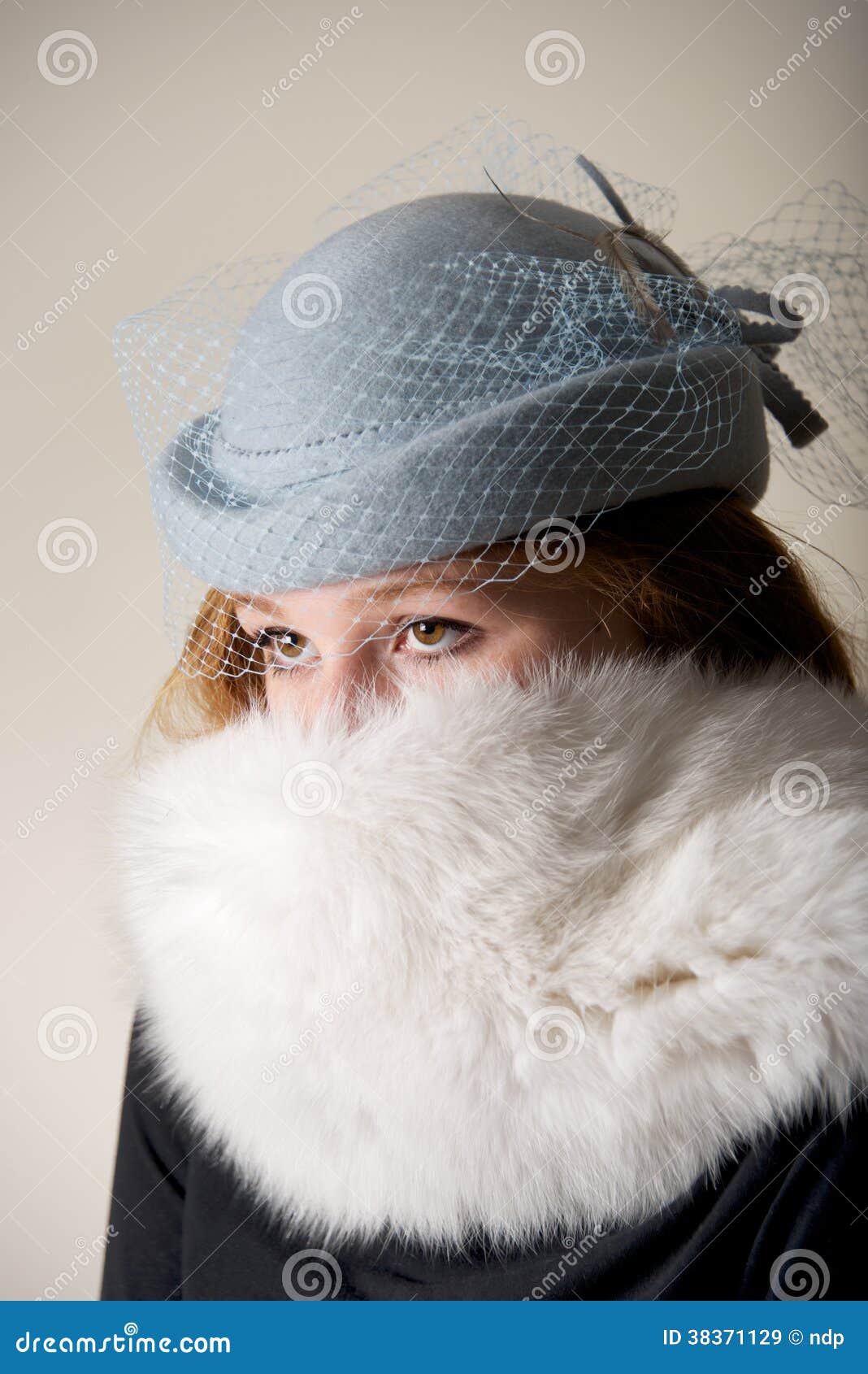 Redhead Staring in Blue Veiled Hat and Fur Stock Image - Image of ...