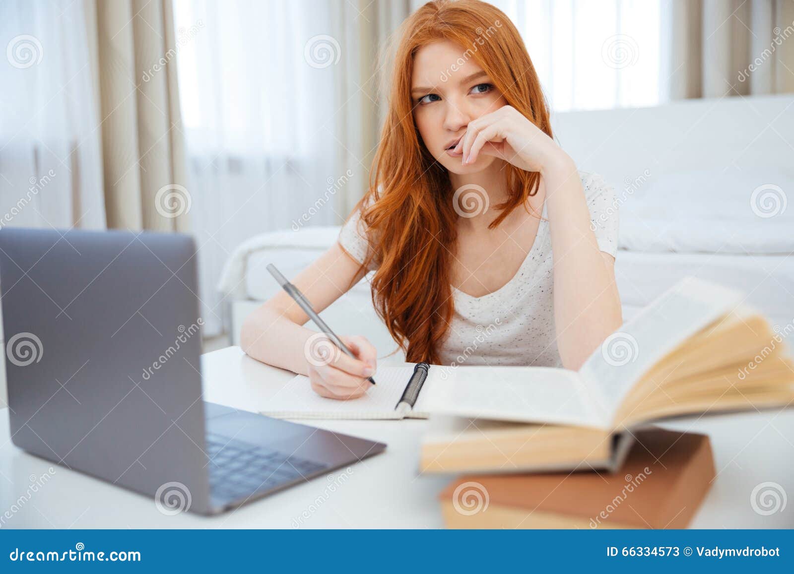 Redhead Woman Doing Homework at Home Stock Image - Image of beautiful ...