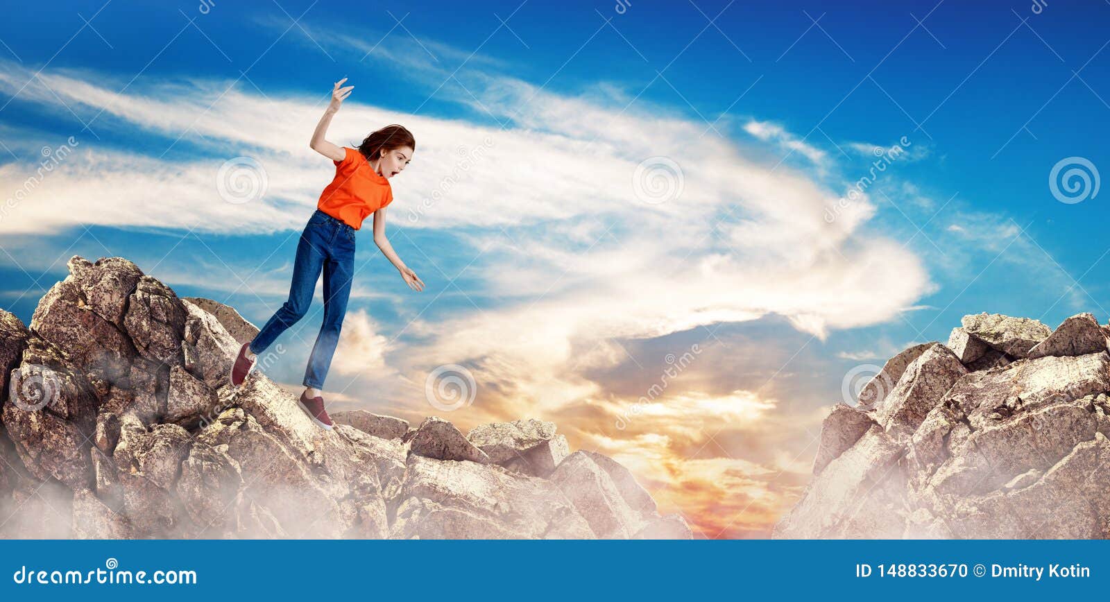 Redhead Woman Falling Down between Hills on Cliff. Stock Illustration ...