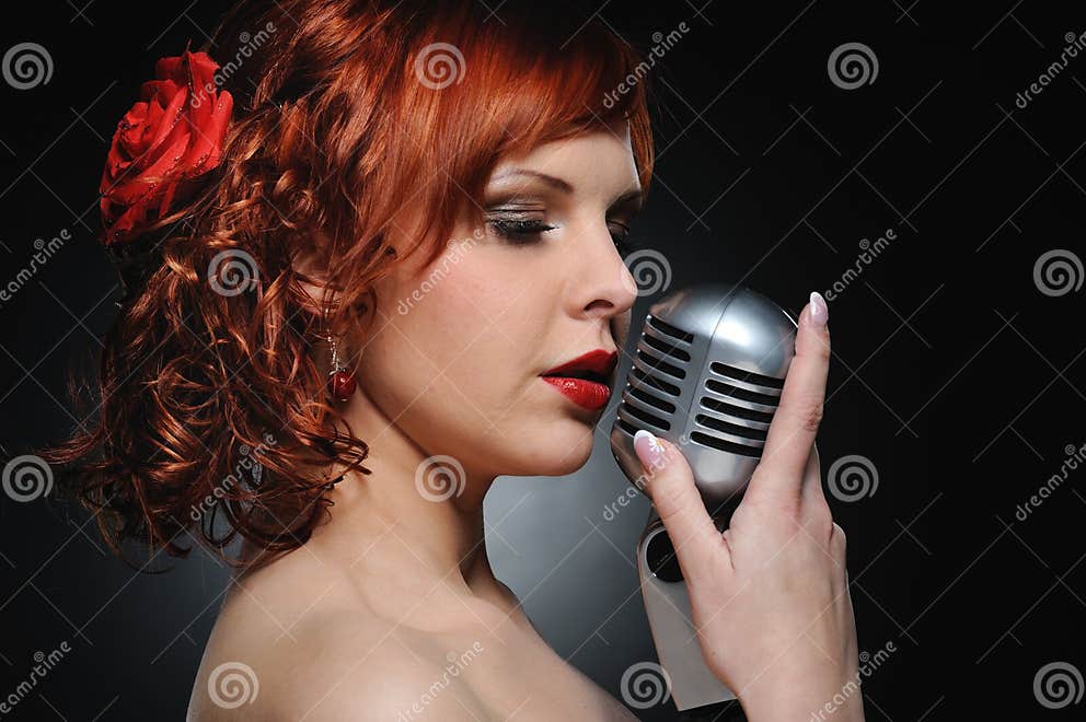 Redhead Woman with Retro Microphone Stock Image - Image of model ...