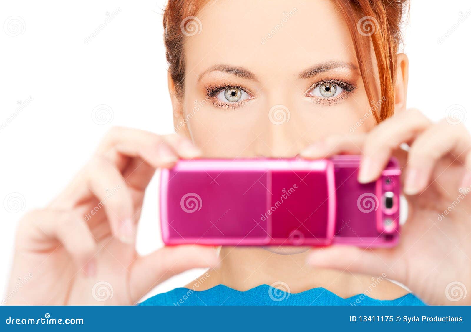 Redhead Woman Using Phone Camera Stock Image - Image of gadget ...
