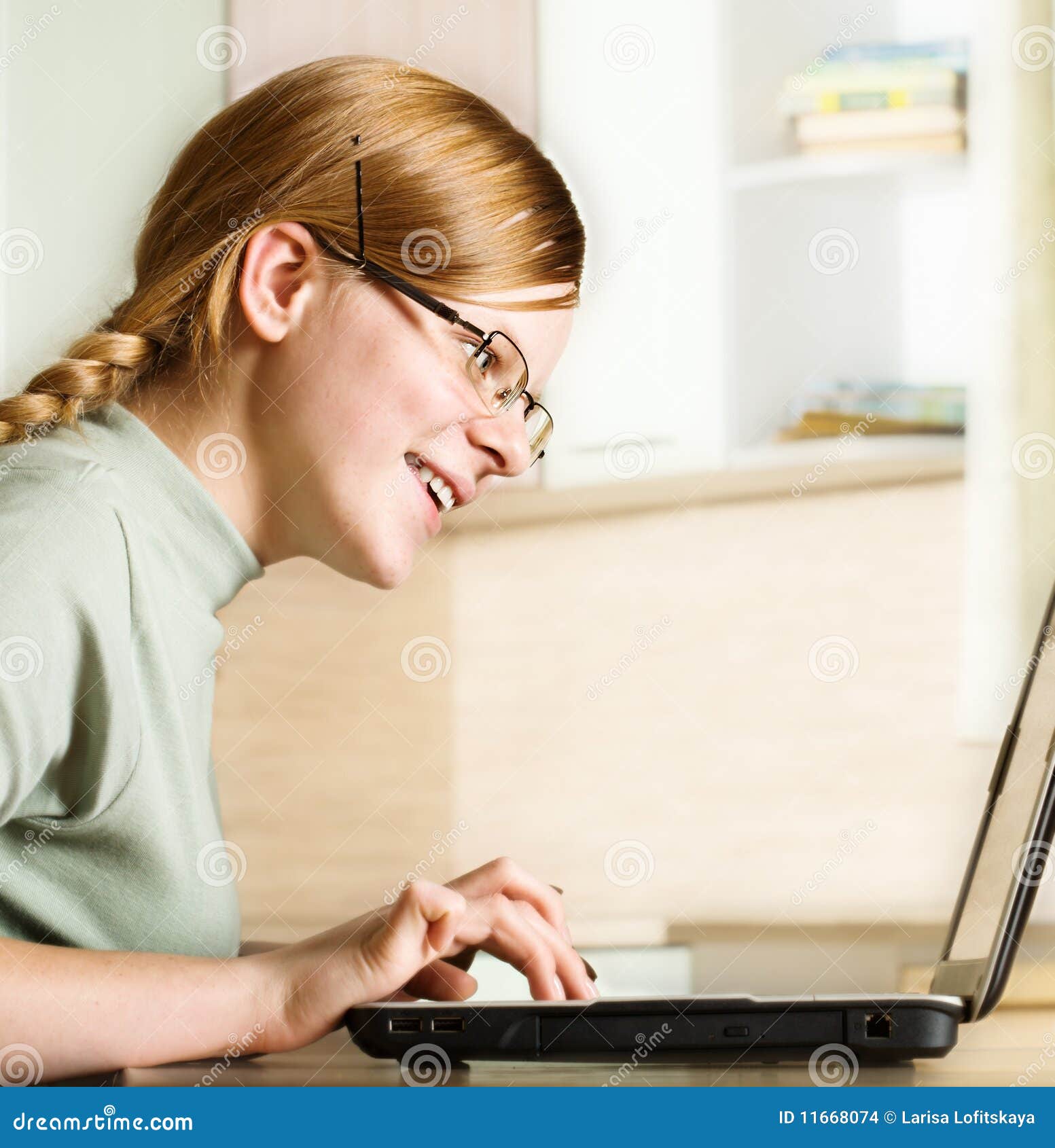 Redheaded Girl Uses Home Computer Stock Photo - Image of technology ...