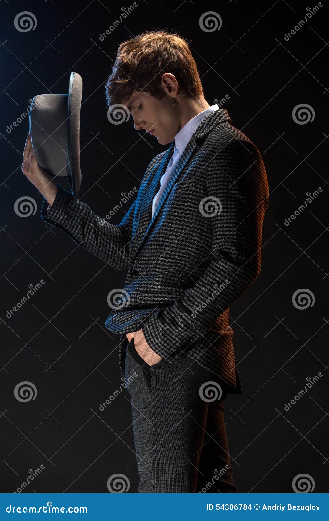 Redheaded Man at a Plaid Suit with Hat in Hand Stock Photo - Image of ...