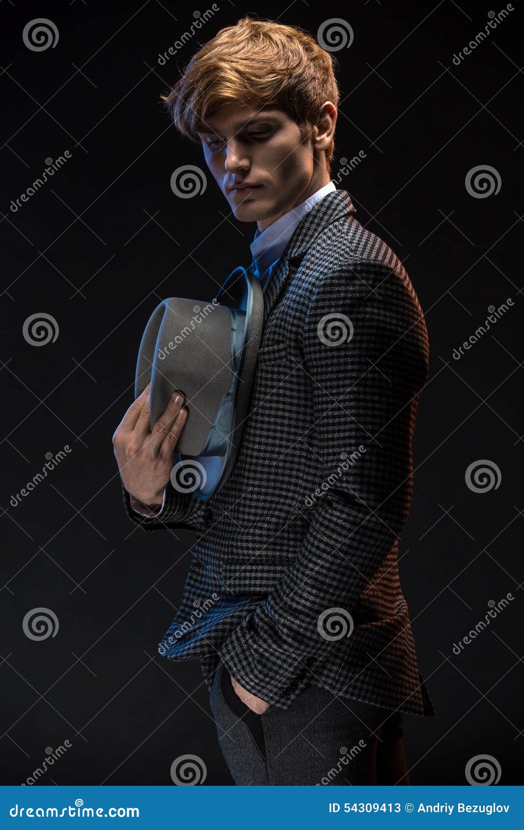 Redheaded Man at a Plaid Suit with Hat in Hand Stock Image - Image of ...
