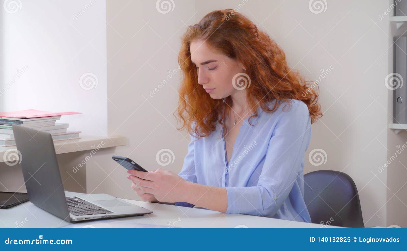 Ginger Lady Typing Message On Cell Stock Image Image Of Laughing Office 140132825