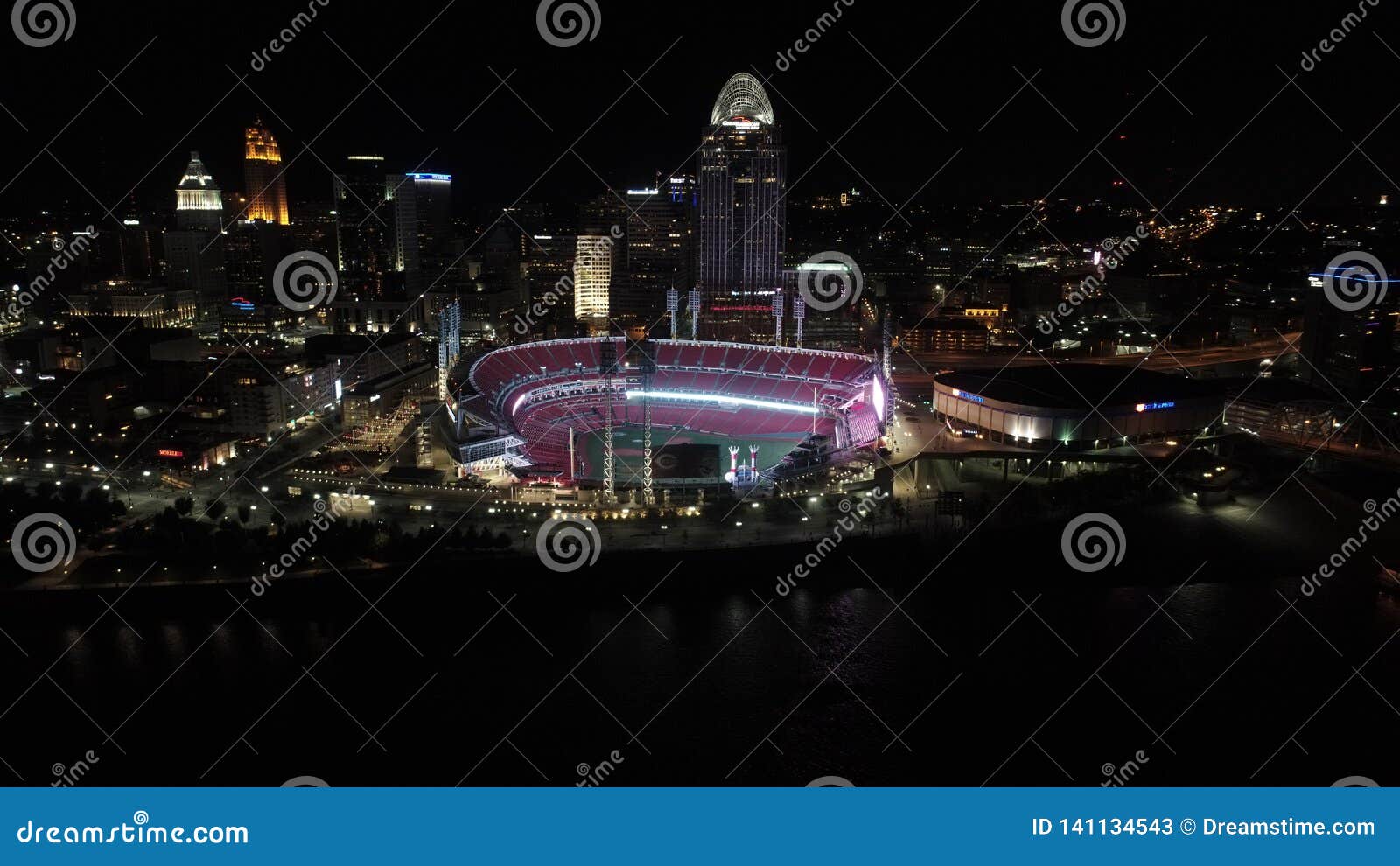 Reds Stadium at night editorial stock photo. Image of drone - 141134543