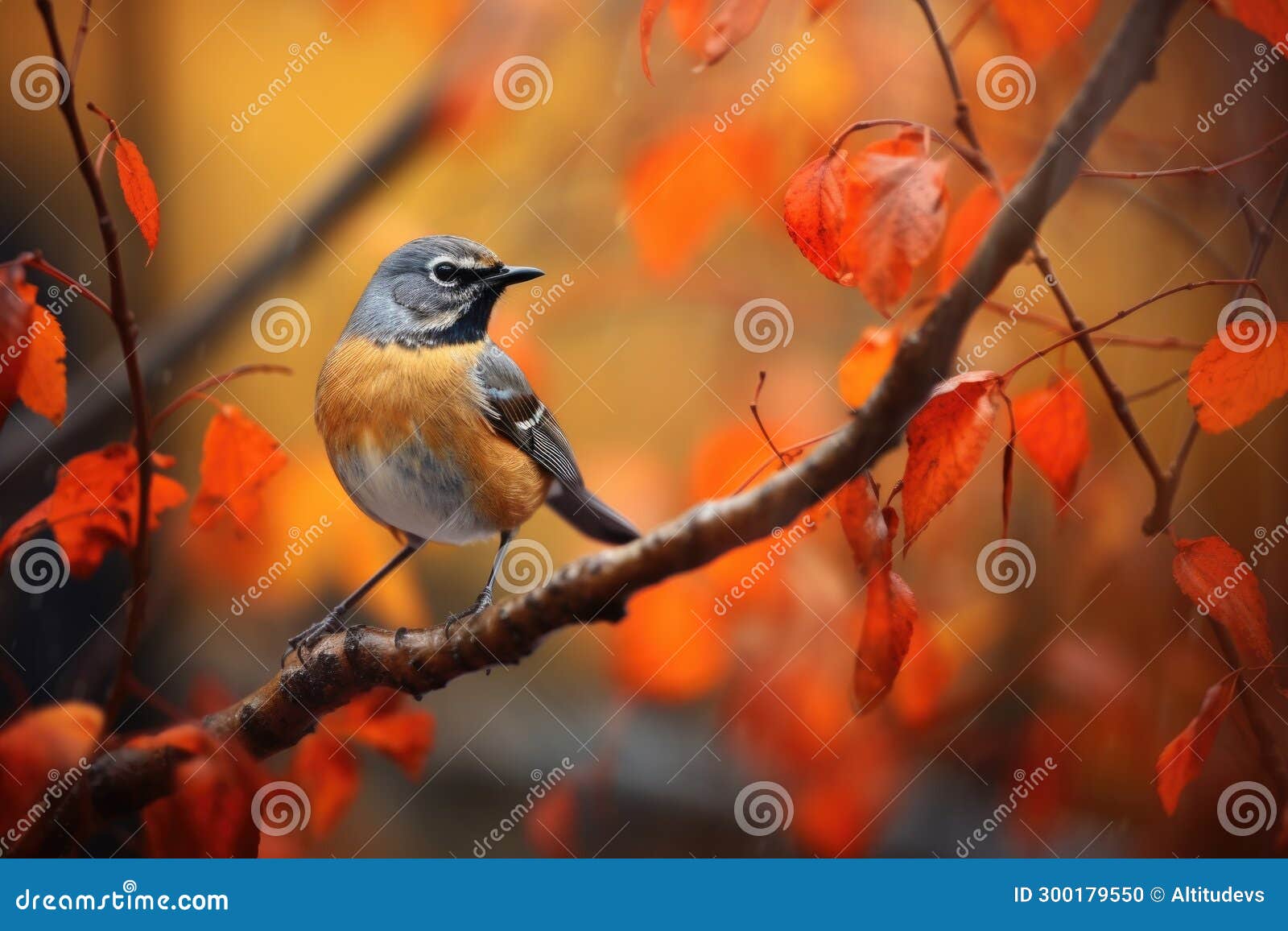 Redstart Bird Flitting among Fall-colored Leaves Stock Photo - Image of ...