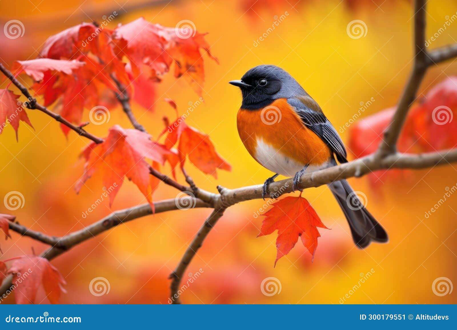 Redstart Bird Flitting among Fall-colored Leaves Stock Image - Image of ...