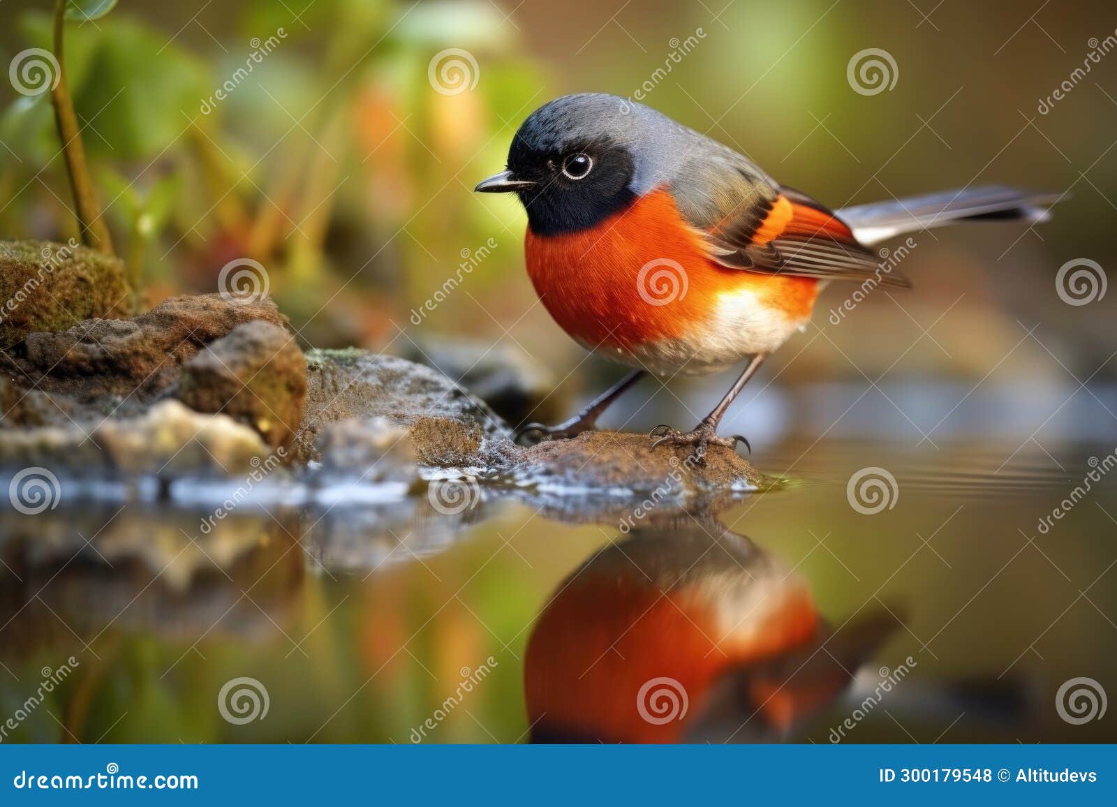 Redstart Bird Pecking Its Reflection in a Small Pond Stock Photo ...