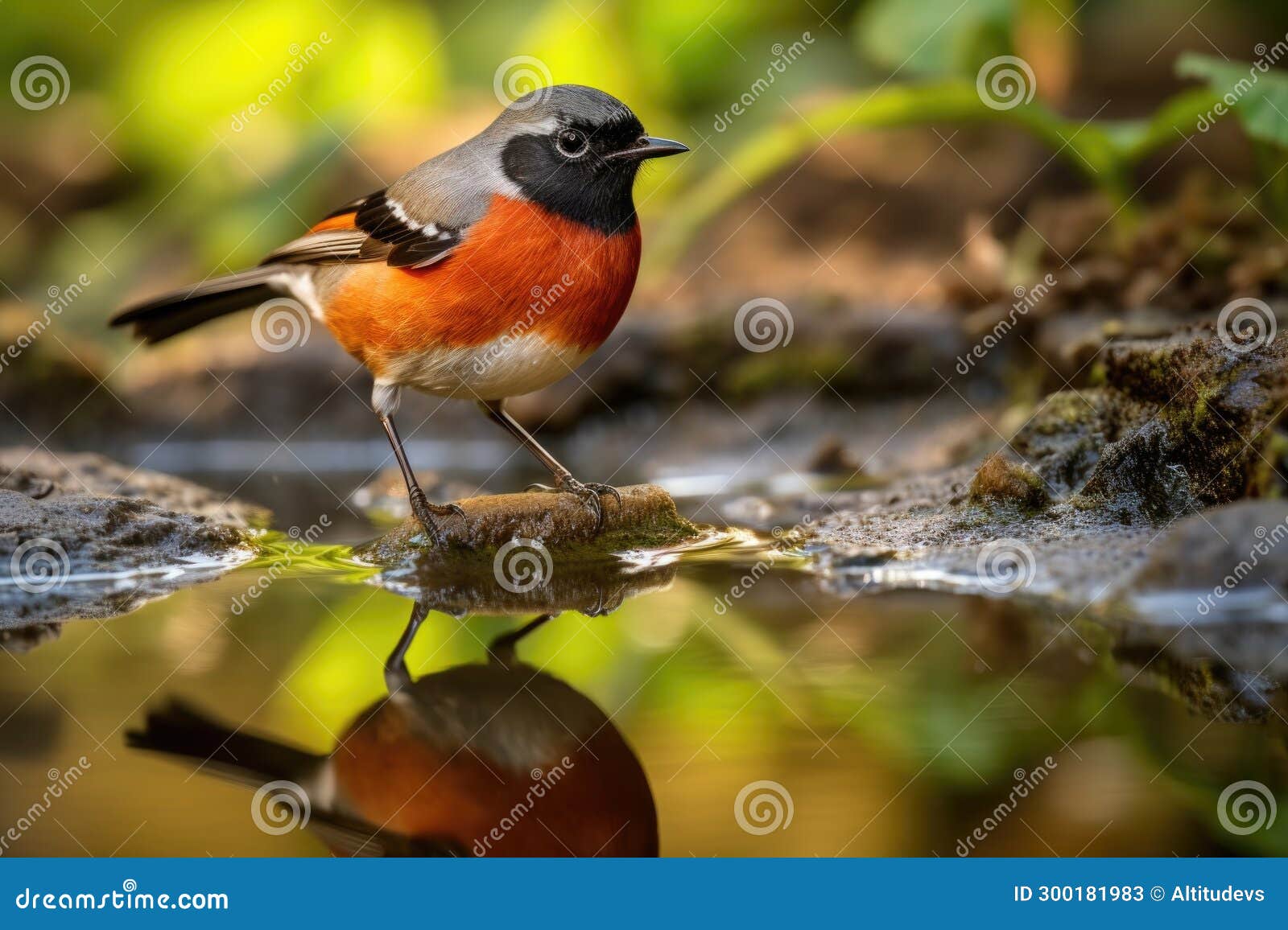 Redstart Bird Pecking Its Reflection in a Small Pond Stock Image ...