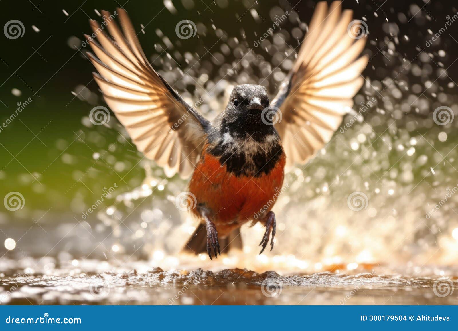 Redstart Bird Taking Off from a Puddle, with Water Droplets Visible ...