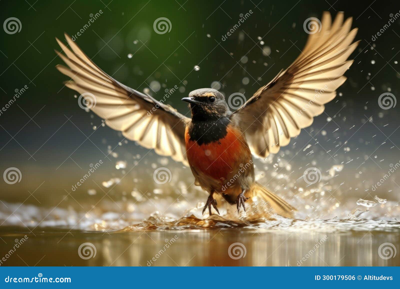 Redstart Bird Taking Off from a Puddle, with Water Droplets Visible ...