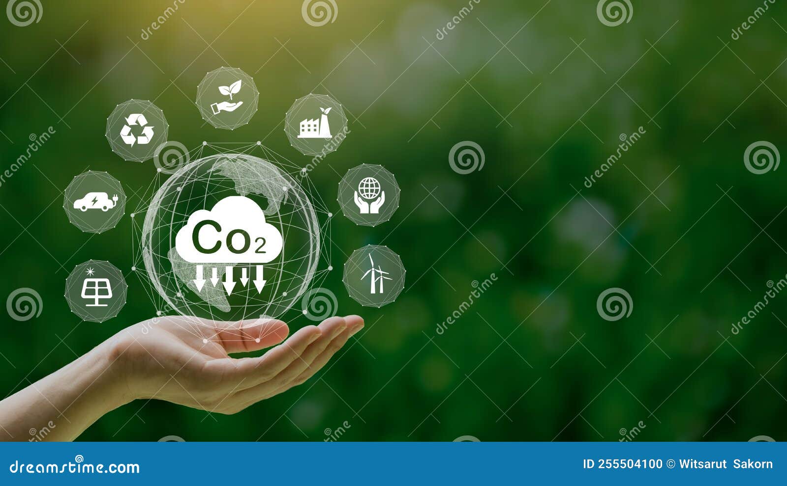 Reduce CO2 Emission Concept in the Hand with Icons, Global Warming for ...