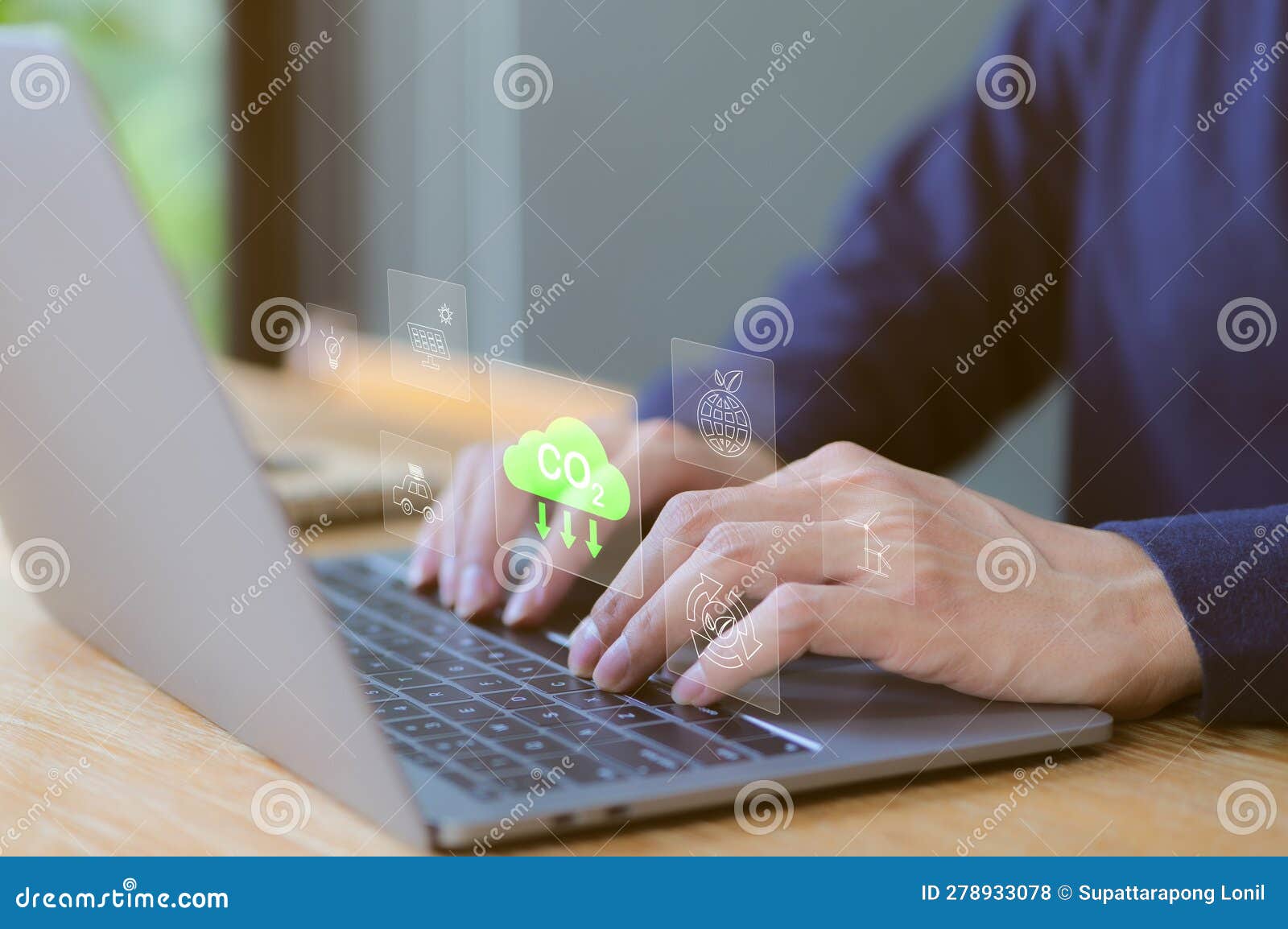 Reduce CO2 Emission Concept. a Man Using Laptop for Working Technology ...