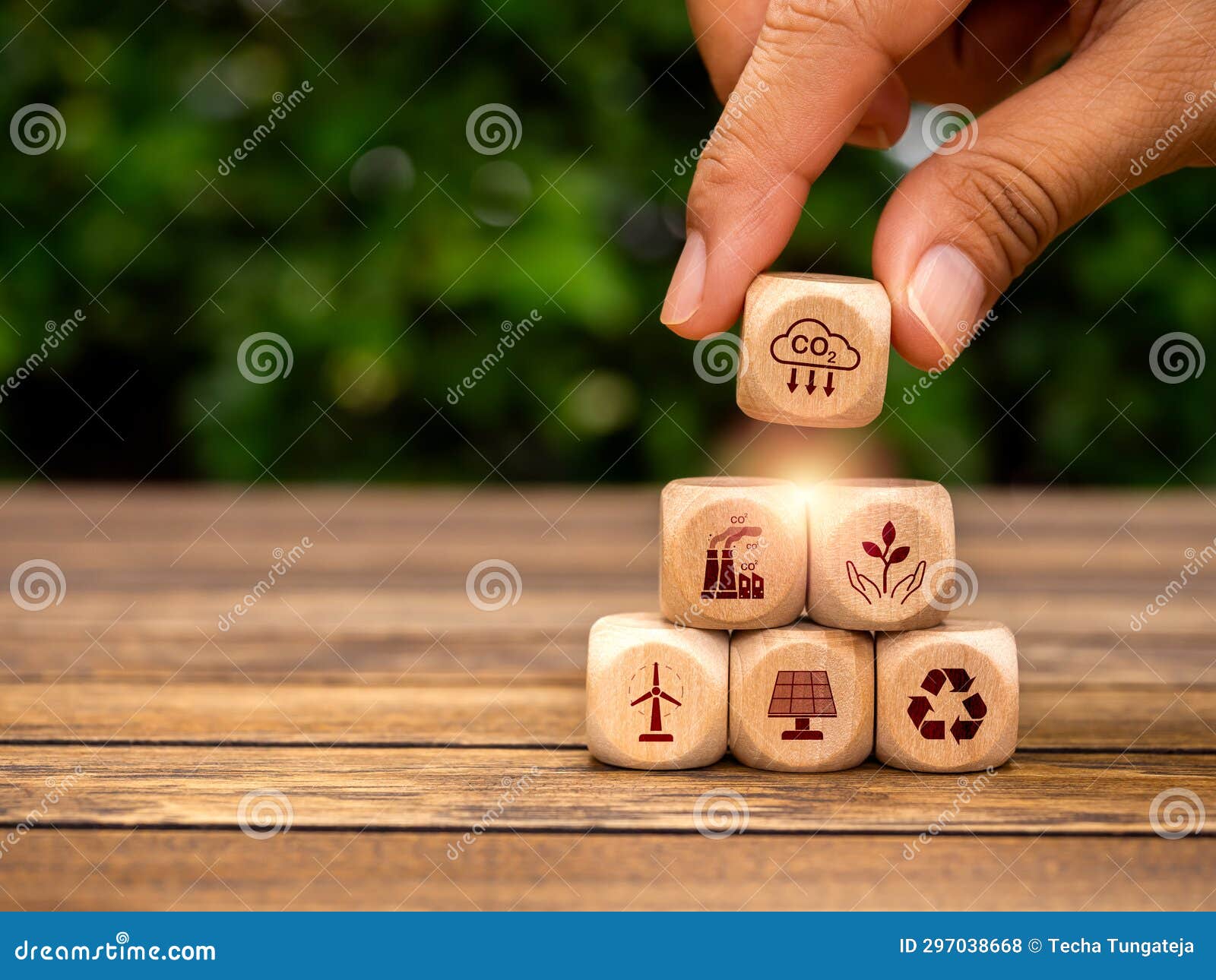 CO2 Block in Hand Put on Renewable Energy Icons on Wood Block Pyramid ...