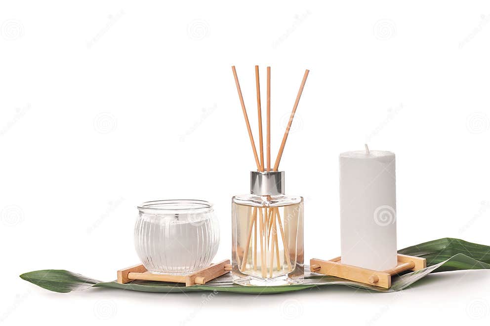 Reed Diffuser and Candles on White Background Stock Photo - Image of ...