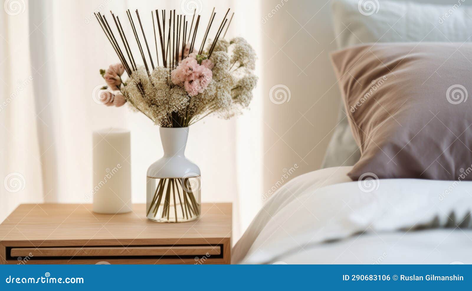 Reed Diffuser on Nightstand Near Bed in Room. Stock Photo - Image of ...