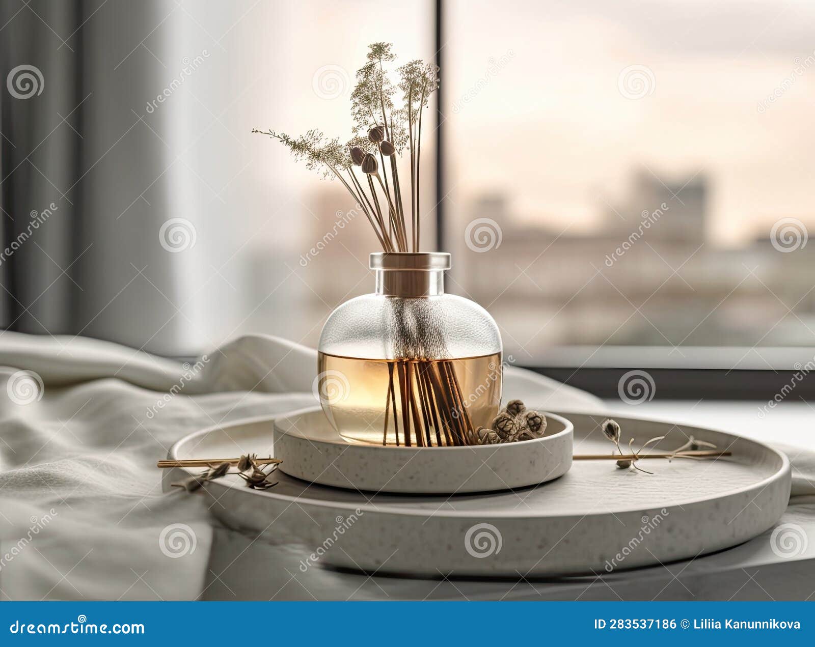 Reed Diffuser and Vase with Bouquet on Wooden Nightstand in Bedroom ...