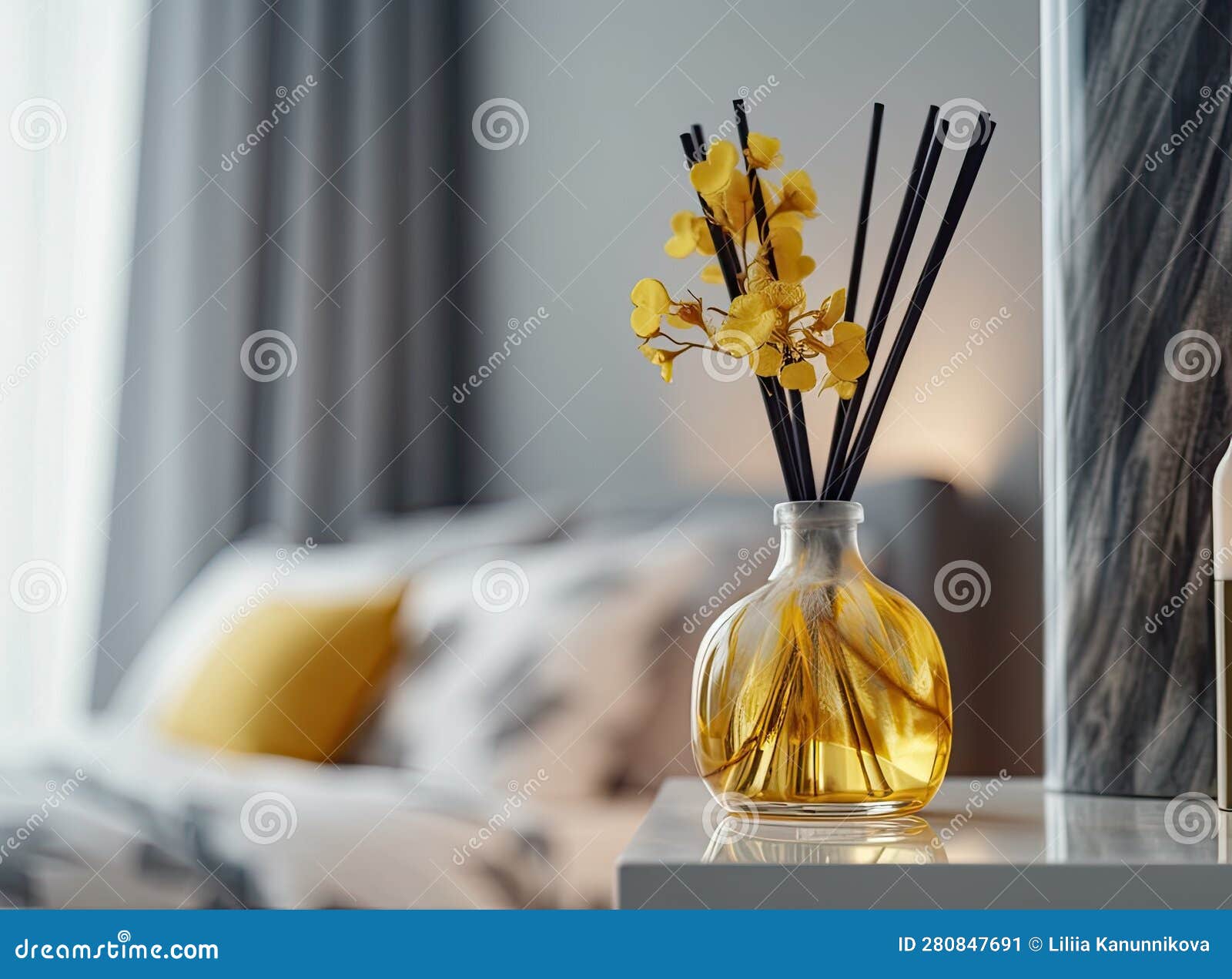 Reed Diffuser and Vase with Bouquet on Wooden Nightstand in Bedroom ...