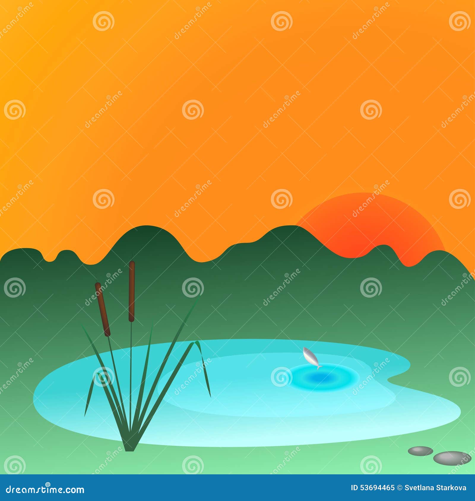 Reeds and lake stock vector. Illustration of summer, reed - 53694465