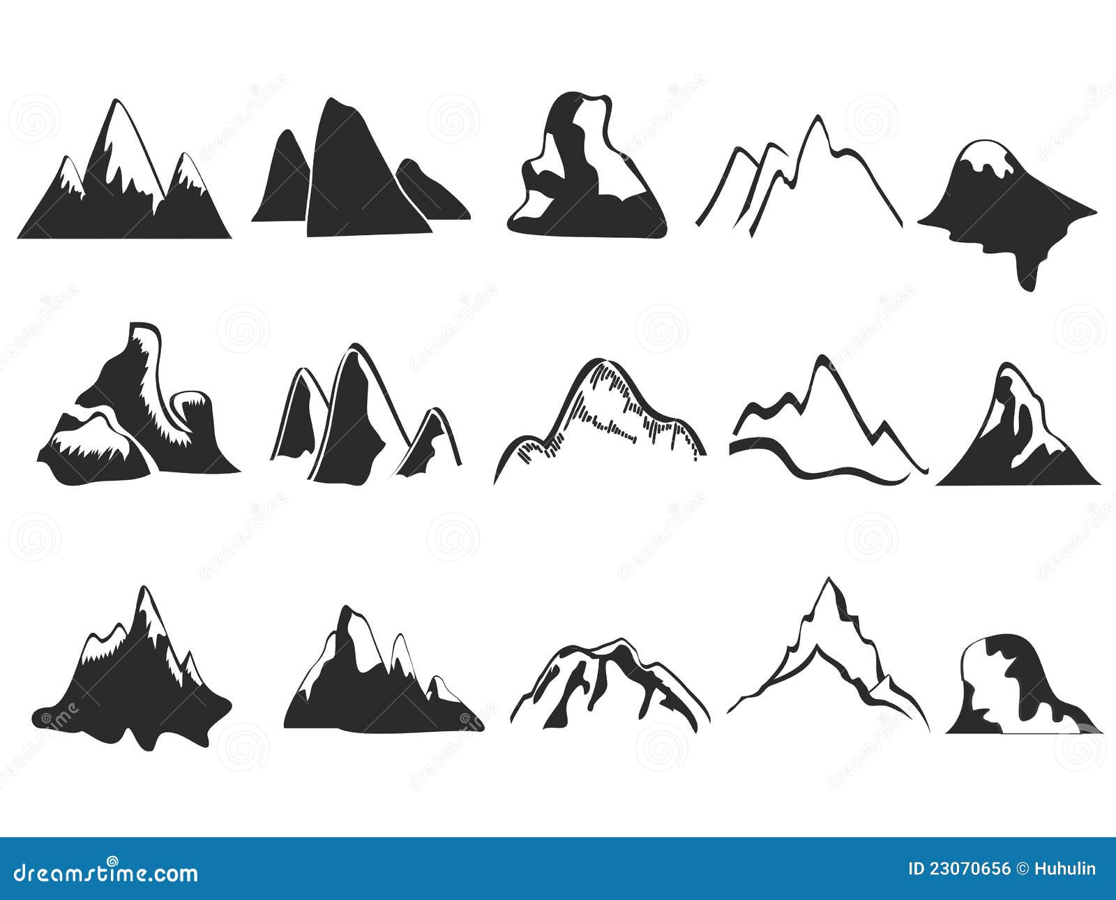 Reeks bergpictogrammen vector illustratie. Illustration of overzicht ...