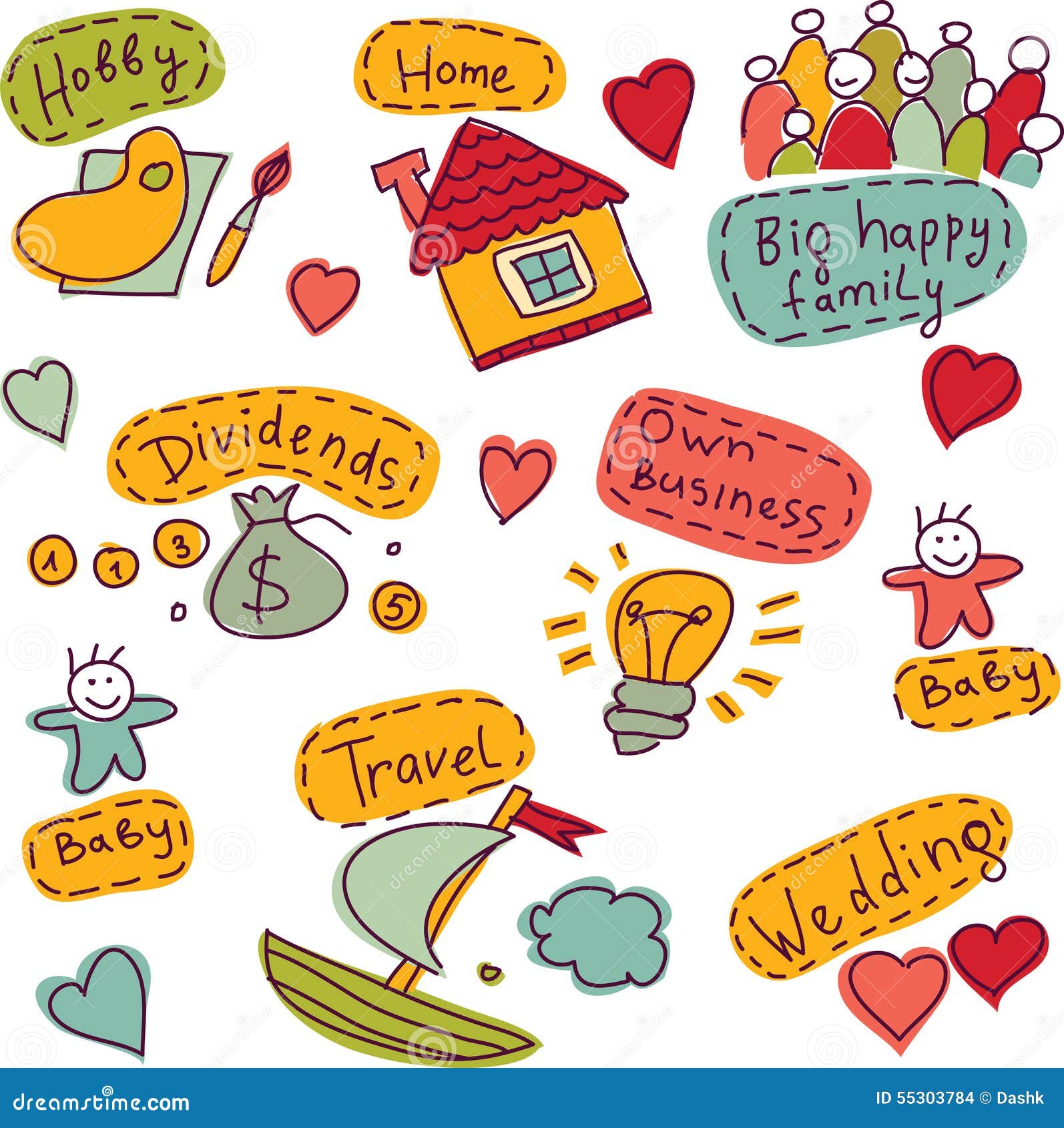 Reeks Doelstellingen, Wensen En Dromen Het Levenspictogrammen Vector ...