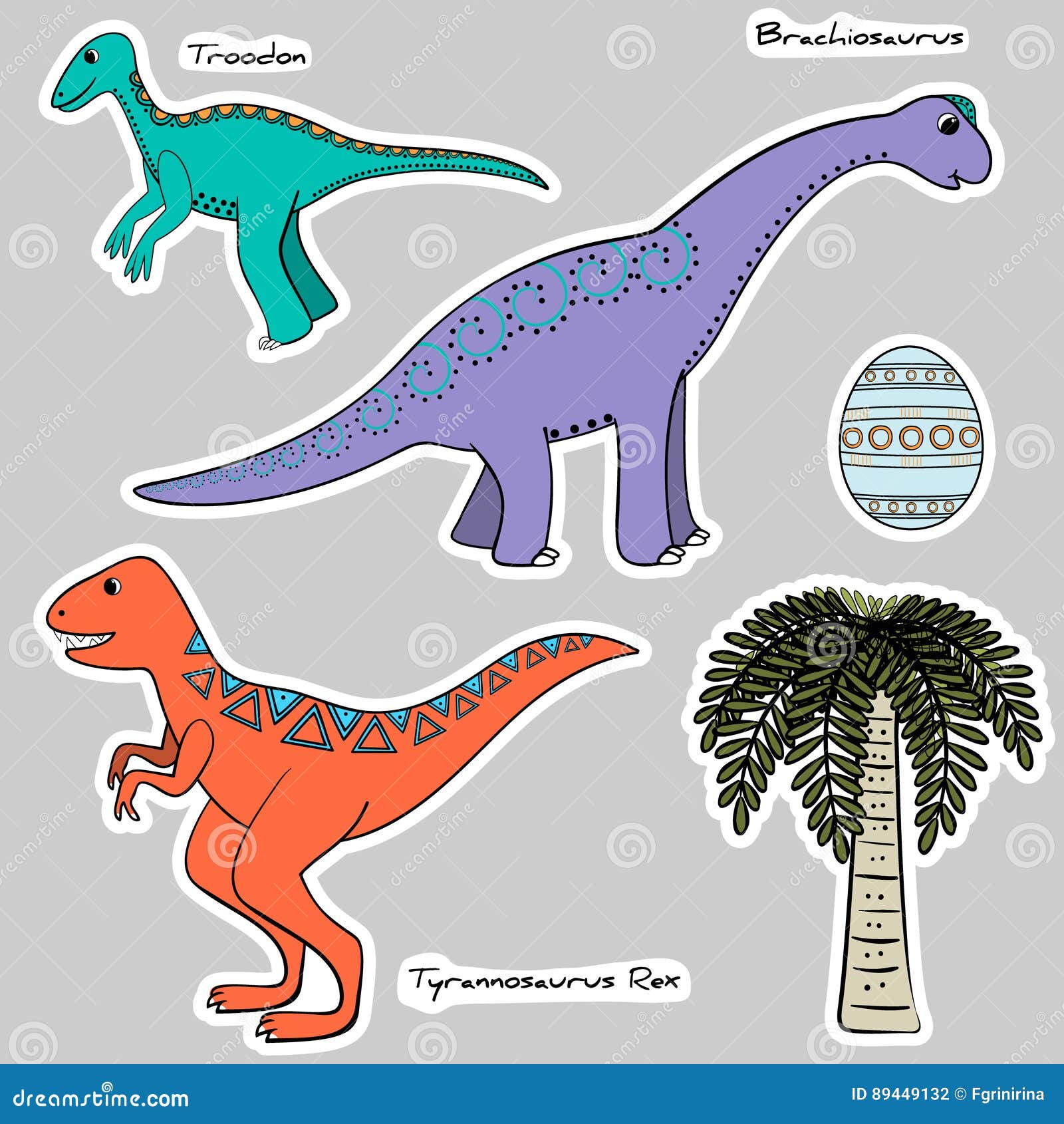 Reeks Stickers Gestileerde Dinosaurussen, Ei, Boom Vector Illustratie ...