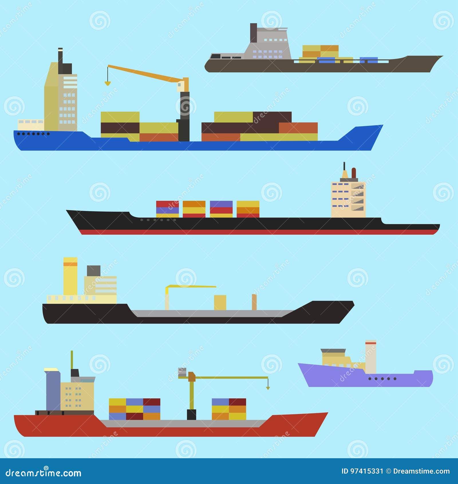 Reeks van containerschip vector illustratie. Illustration of kraan ...