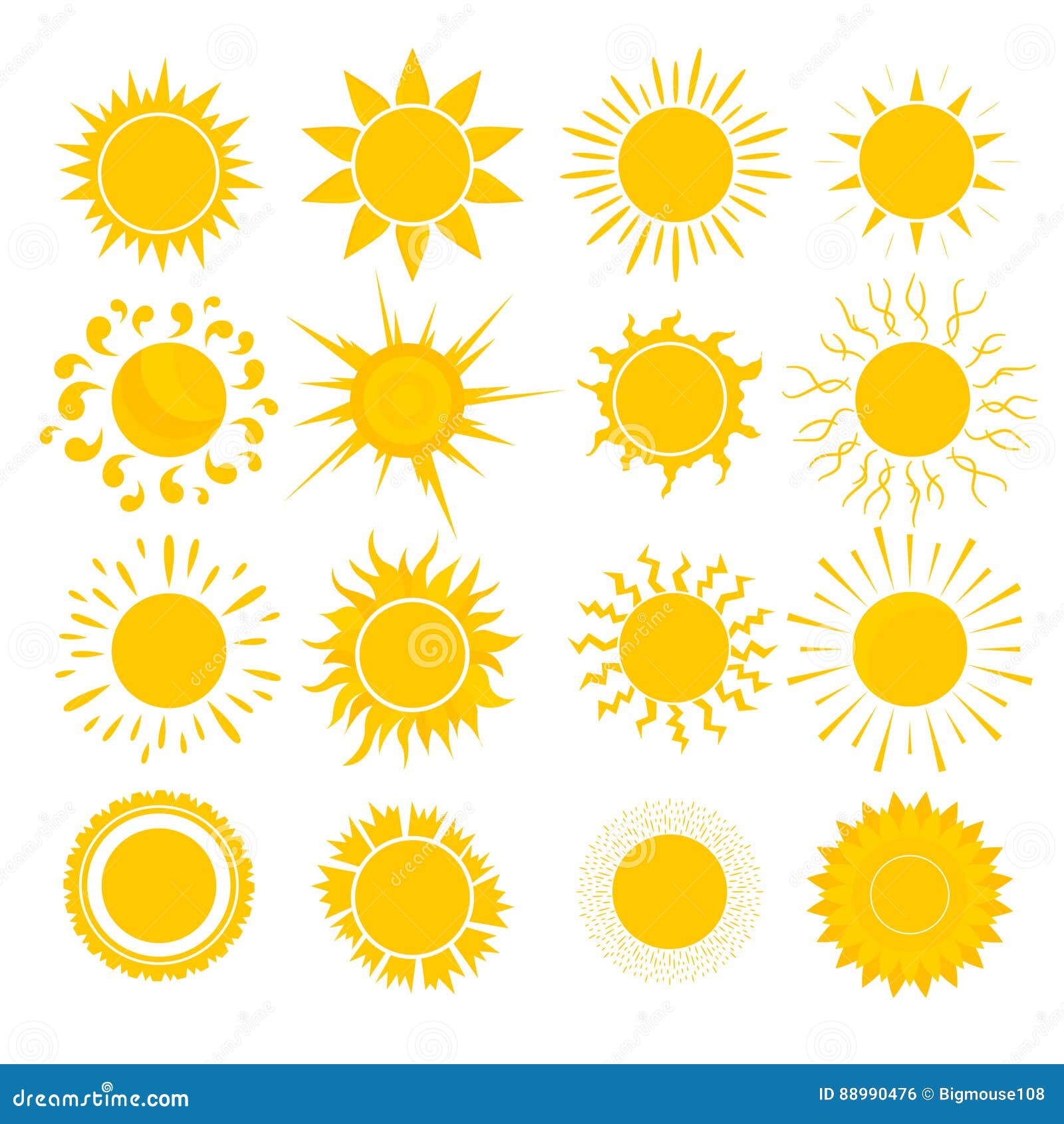 Reeks Van De Beeldverhaal De Gele Zon Vector Vector Illustratie ...