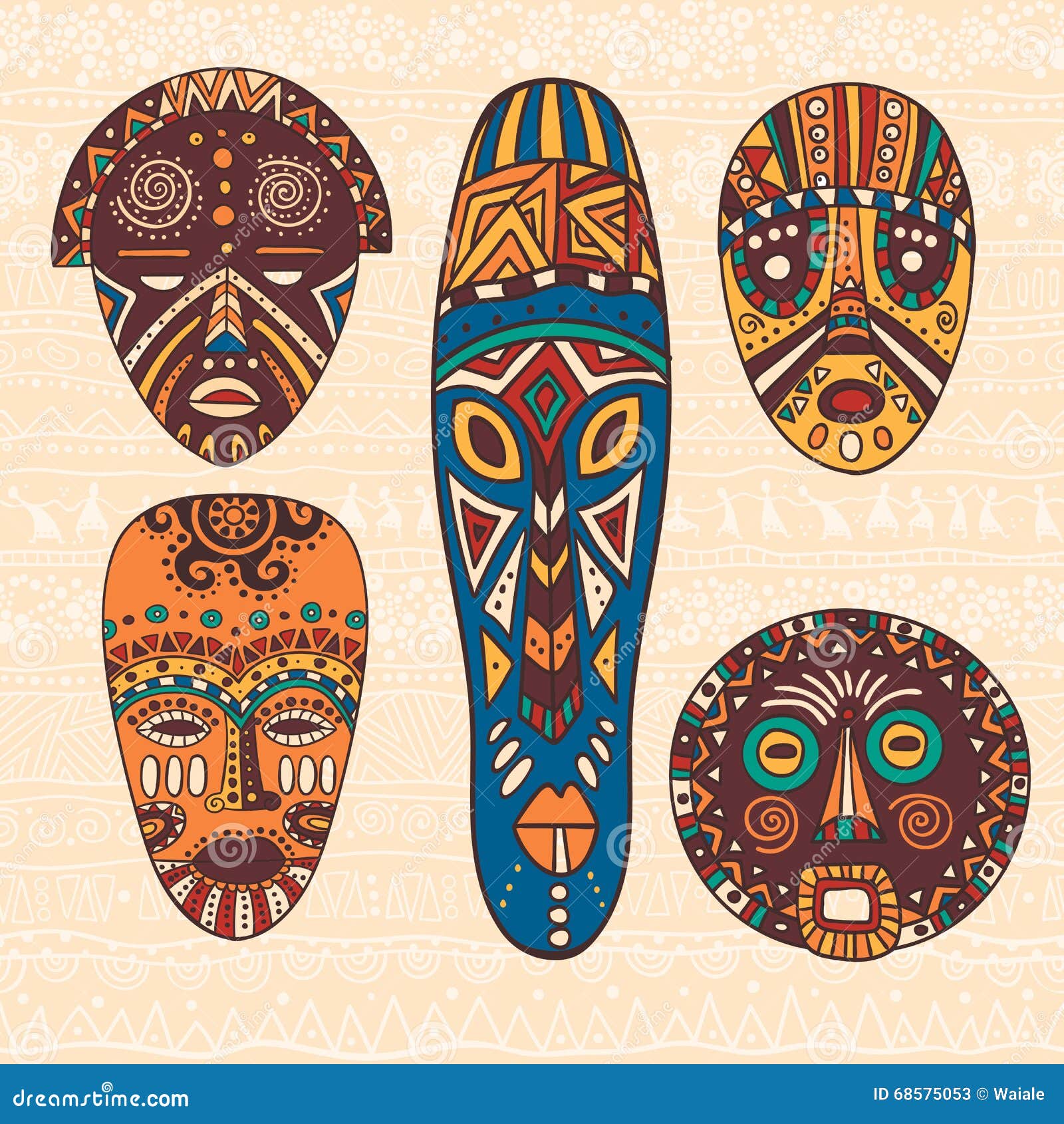 Reeks Van Vijf Afrikaanse Maskers Vector Illustratie - Illustration of ...