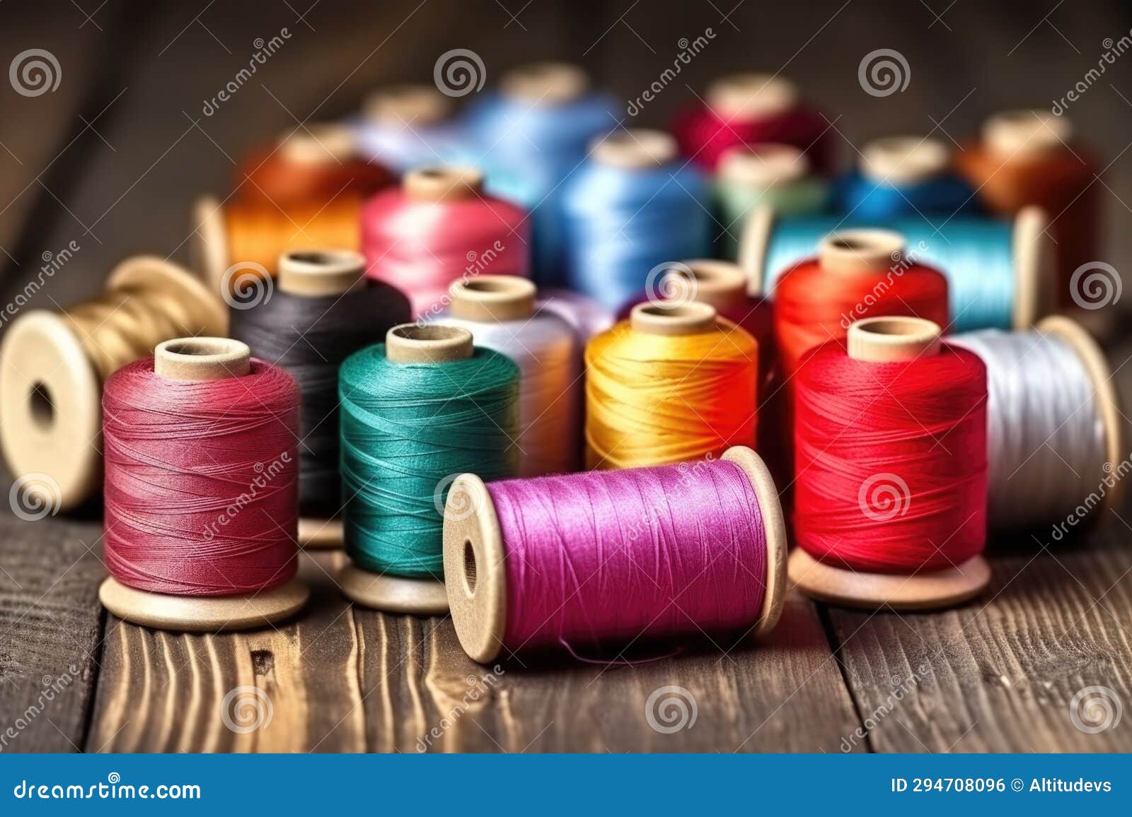 Reels of Thread on a Wooden Surface Stock Photo - Image of accessories ...